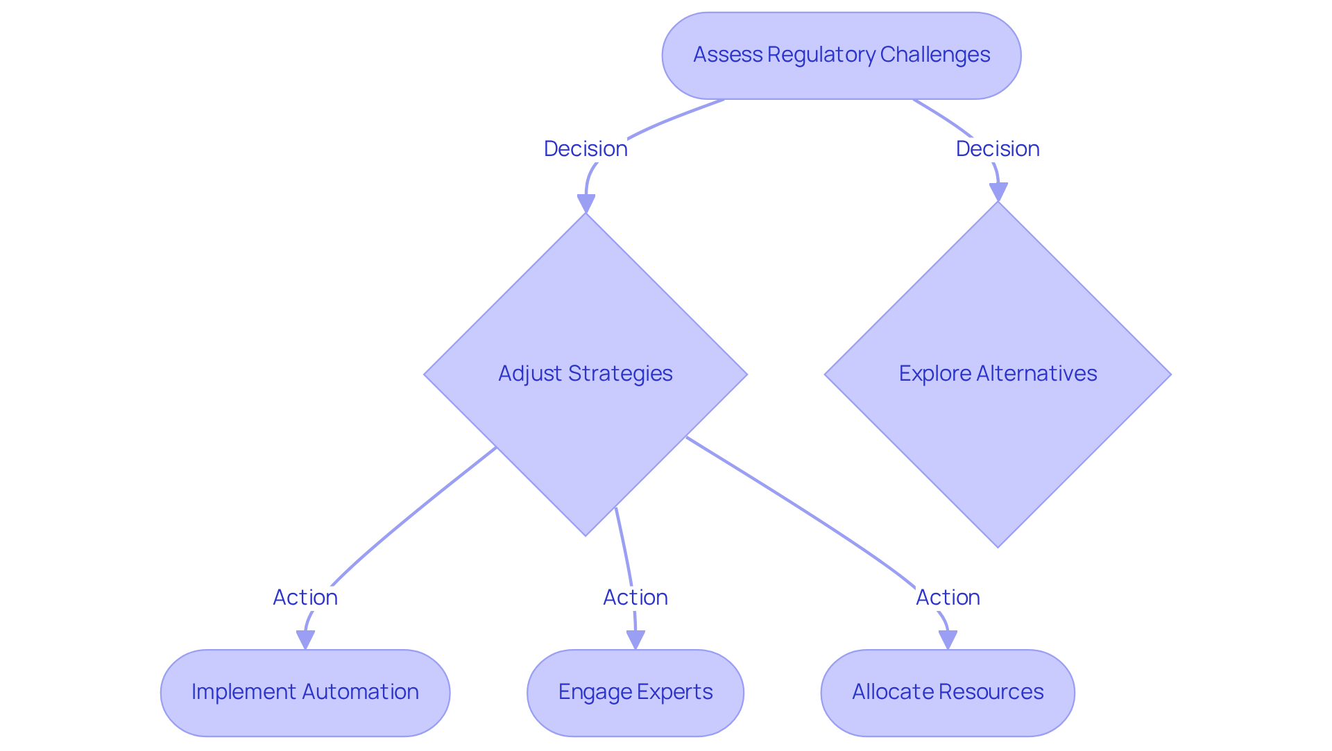 Follow the arrows to see how to navigate regulatory challenges. Start with assessing the situation, then decide whether to adjust your strategies or explore alternatives. Each step shows actions you can take to stay compliant and efficient.