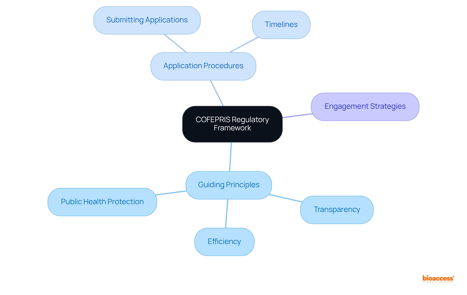 The center represents COFEPRIS. Each branch details a crucial aspect of its framework: principles guiding its operations, application processes for medical devices, and strategies for early engagement. This layout helps visualize how these elements connect.