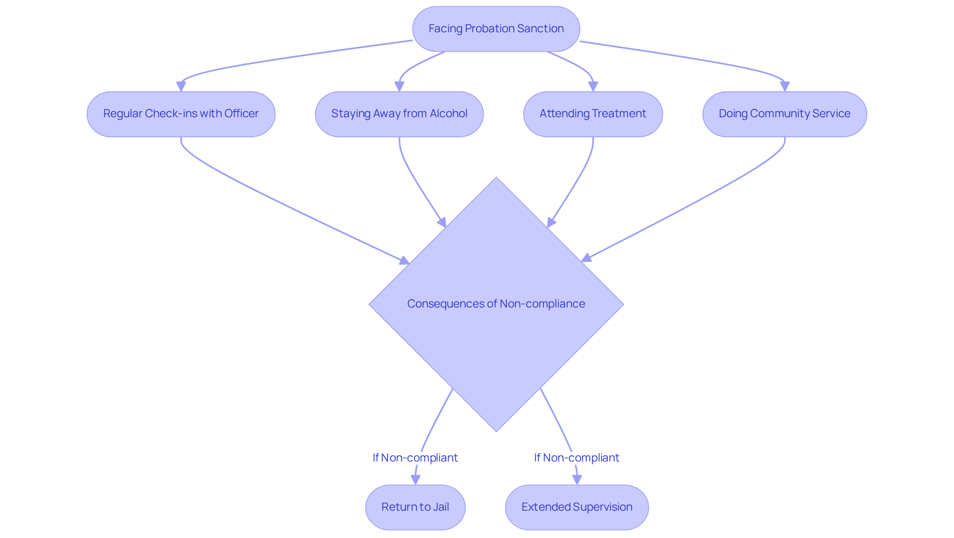 This flowchart outlines the steps you need to follow if you're facing probation sanctions. Each box represents a requirement, and the arrows show how they connect. If you don't follow these steps, you could face serious consequences, which are also shown in the chart.