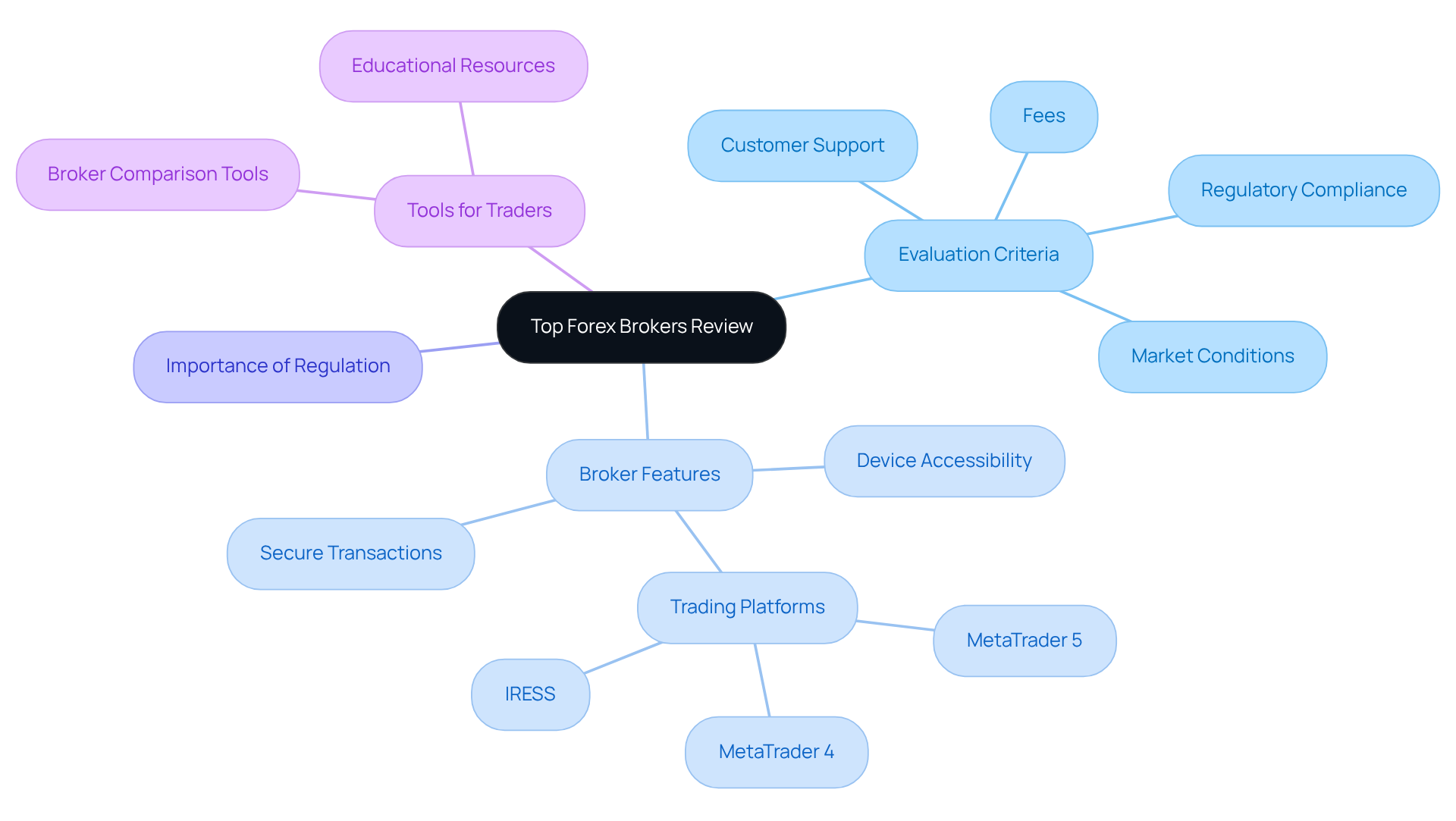 The central node represents the review of forex brokers, while the branches and sub-branches detail the various criteria and features that help novice traders make informed decisions.