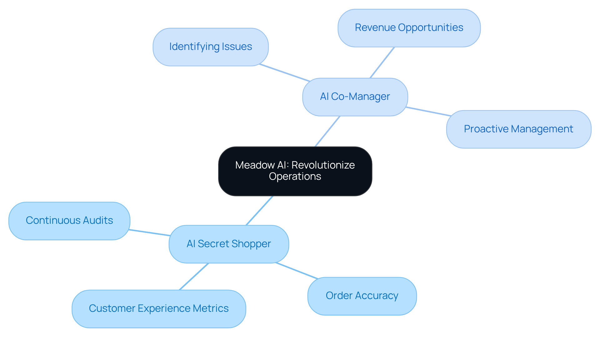 The central node represents Meadow AI's overall influence, while the branches detail the specific AI tools and their contributions to operational efficiency and revenue growth.