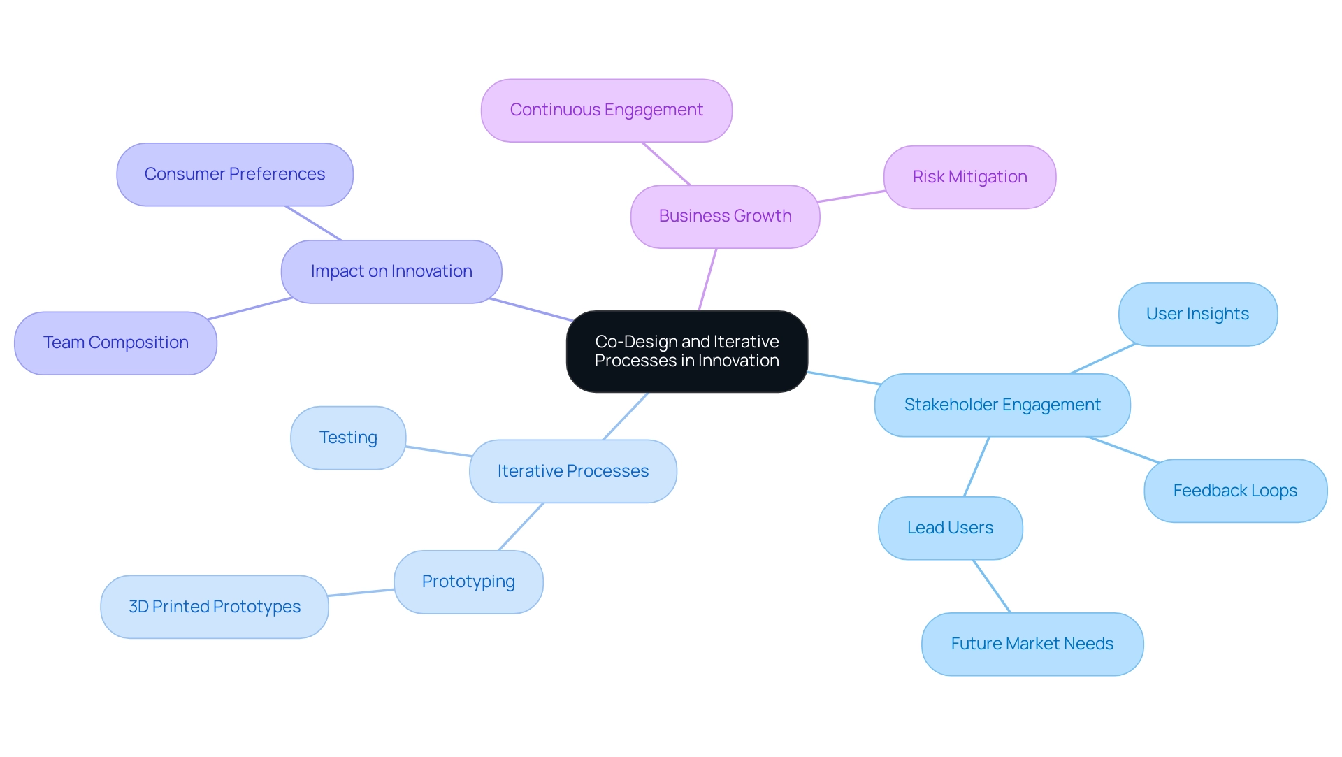 The central node represents the overarching theme, with branches illustrating key components such as stakeholder engagement, iterative processes, innovation impacts, and business growth.