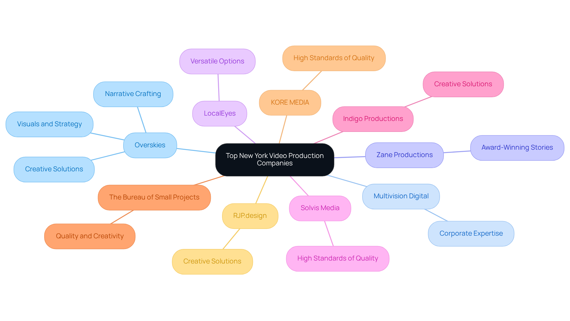 The central node represents the main topic, while each branch shows a different video production company. The sub-branches highlight what makes each company unique, helping you understand their strengths at a glance.