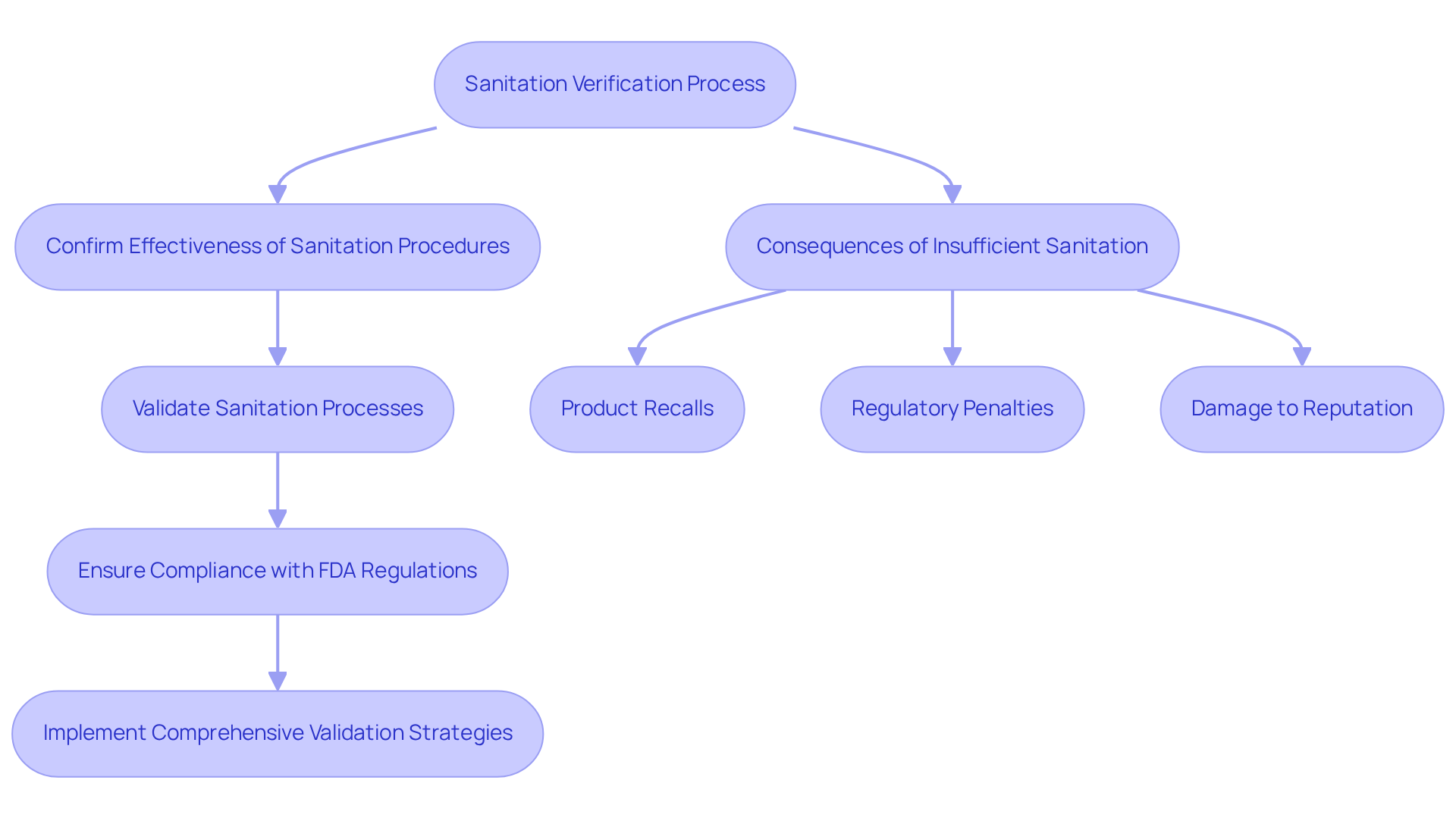 This flowchart illustrates the steps involved in verifying sanitation processes in pharmaceutical manufacturing. Follow the arrows to see how each step leads to the next, and note the potential consequences of not following these steps. The side box highlights the serious risks associated with insufficient sanitation. This flowchart illustrates the steps involved in verifying sanitation processes in pharmaceutical manufacturing. Follow the arrows to see how each step leads to the next, and note the potential consequences of not following these steps. The side box highlights the serious risks associated with insufficient sanitation.