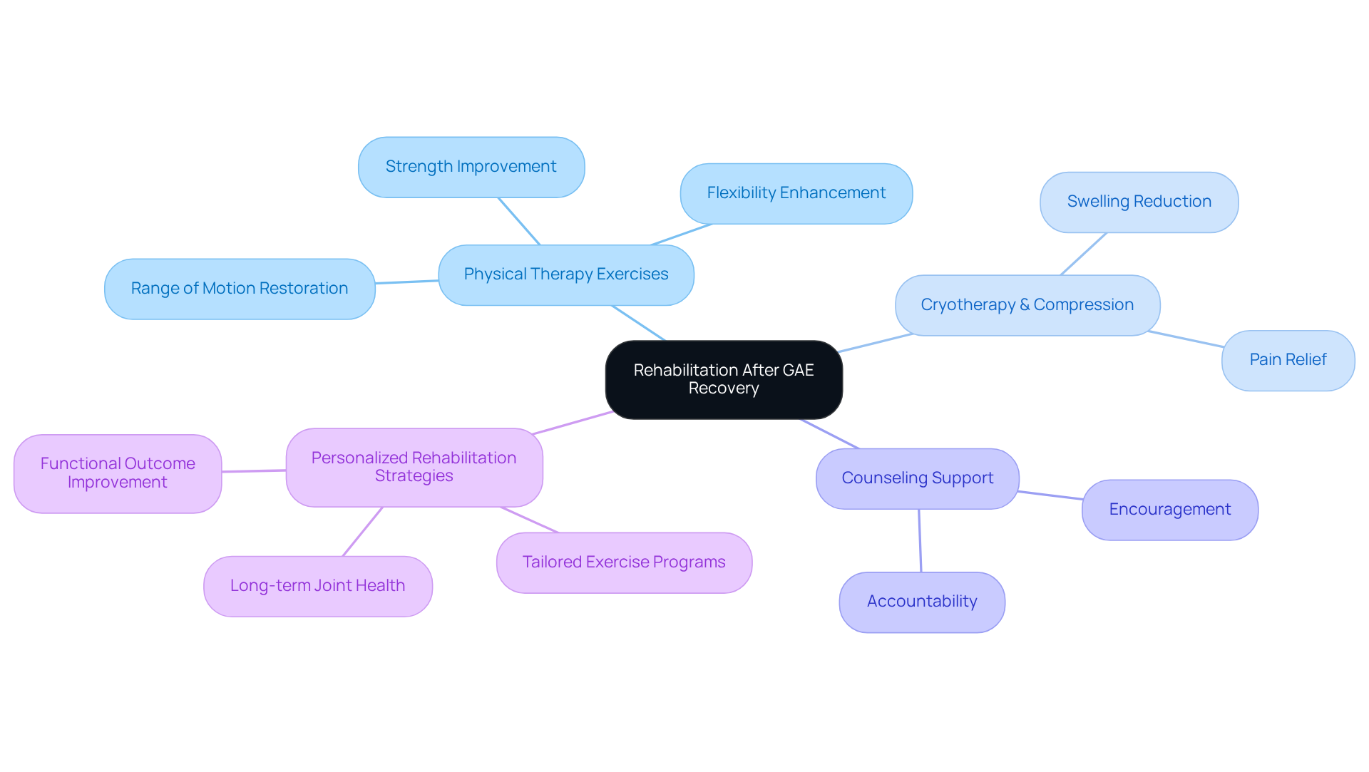 Start in the center with the main topic of rehabilitation, then follow the branches to see the different elements that contribute to a successful recovery process.