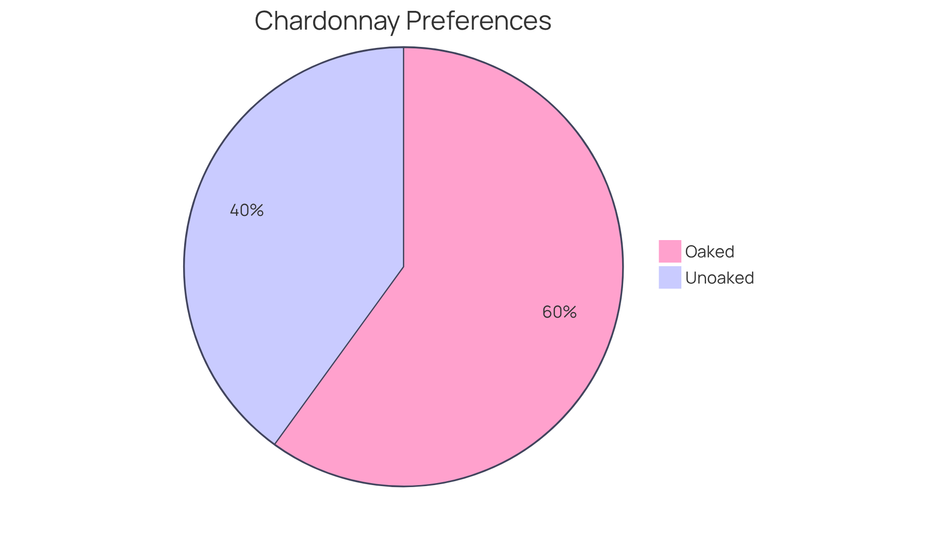 The chart shows how beverage enthusiasts prefer Chardonnay styles: the larger slice is for oaked Chardonnay (60%), known for its rich flavor, while the smaller slice represents the unoaked option (40%), appreciated for its crispness.