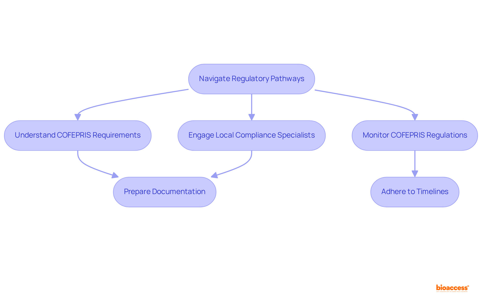 This flowchart outlines the essential steps for Medtech and Biopharma companies to follow when entering the Mexican market. Each box represents a key action, and the arrows guide you through the process. This flowchart outlines the essential steps for Medtech and Biopharma companies to follow when entering the Mexican market. Each box represents a key action, and the arrows guide you through the process.