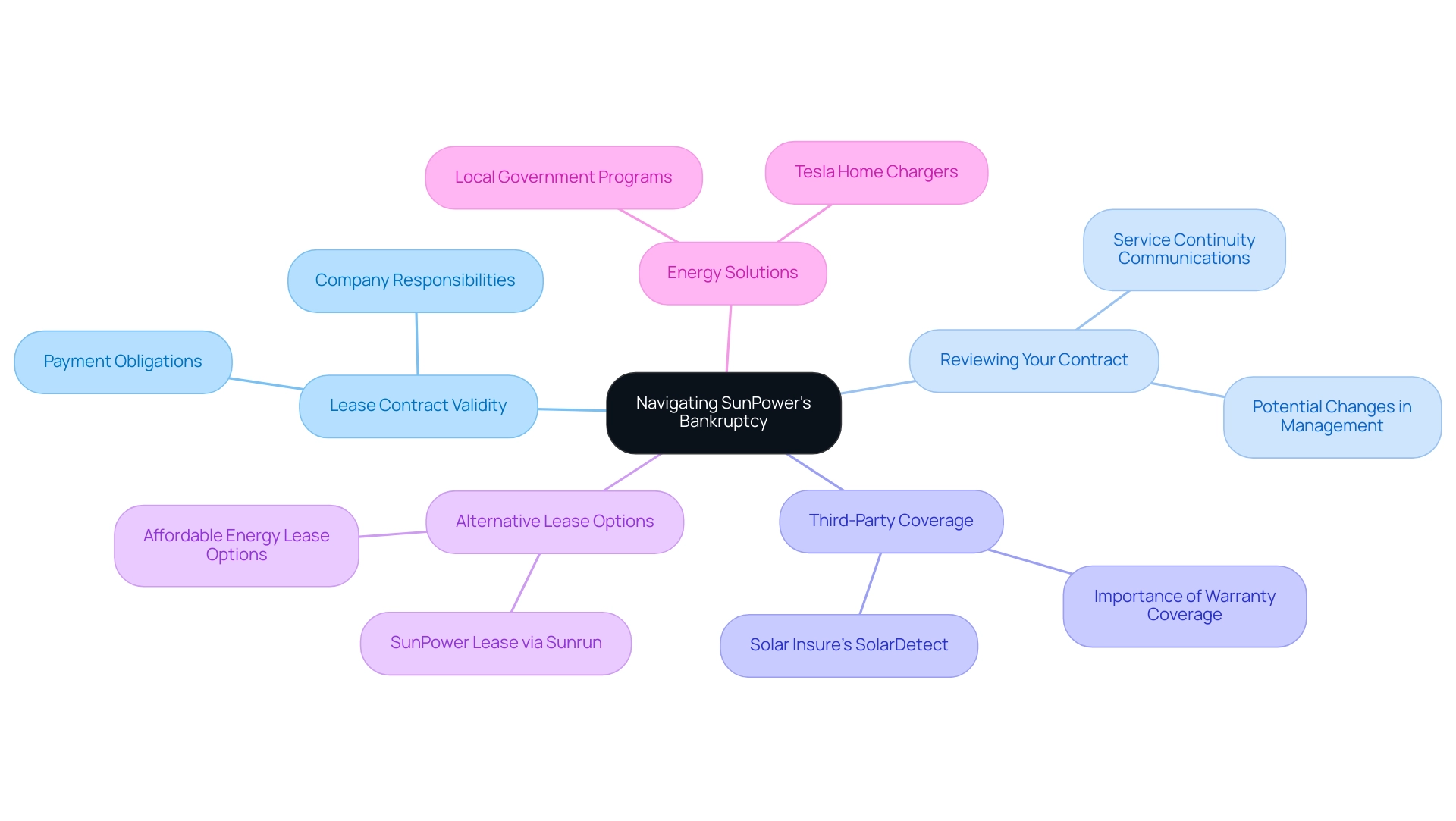 The central node represents the overarching theme of navigating the bankruptcy, with branches showing related categories and subcategories of actions and options.