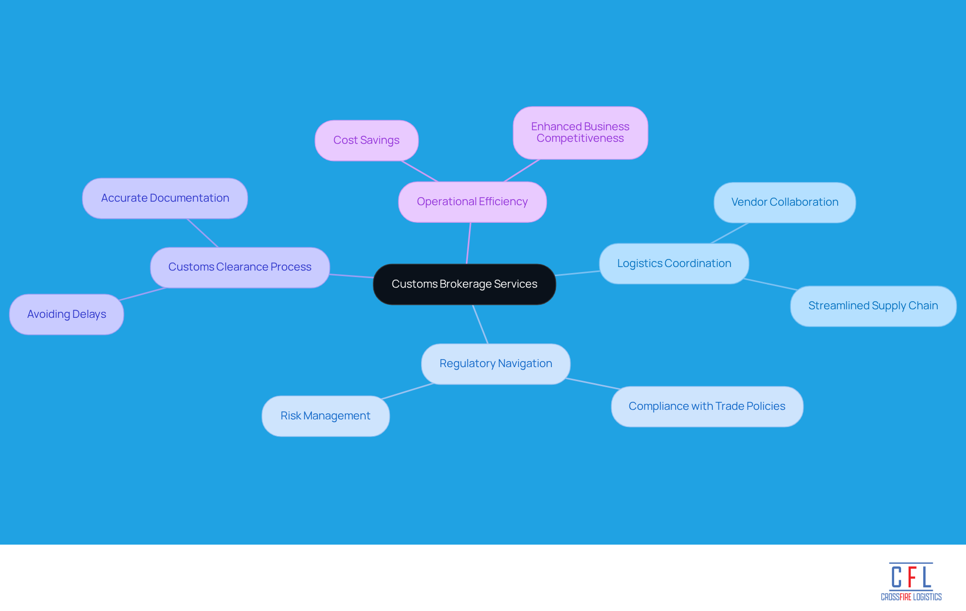 The central node represents the main service, while the branches illustrate the key components and benefits of customs brokerage, helping you see how they all connect.
