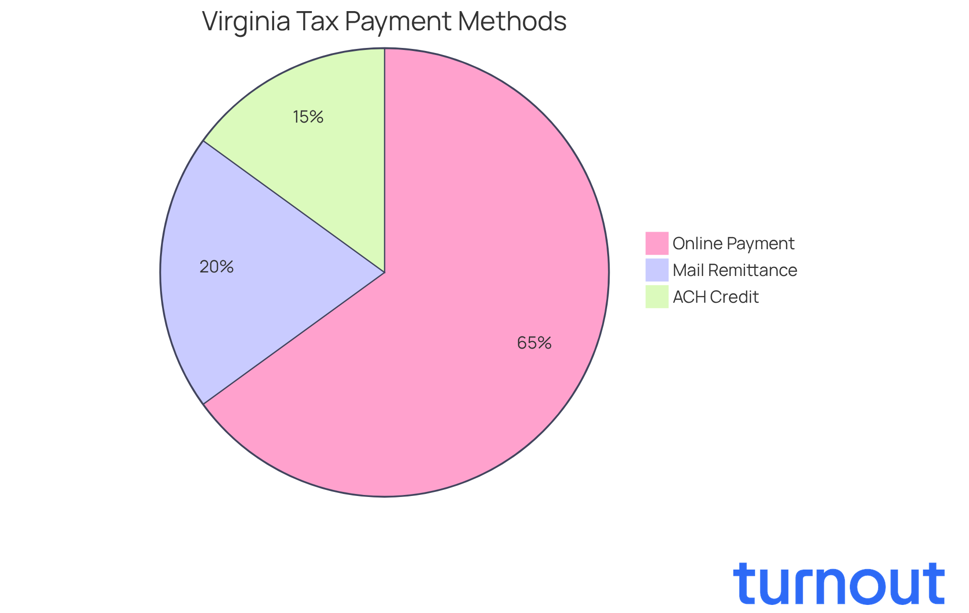 Each slice of the pie shows the percentage of taxpayers using that payment method. The larger the slice, the more popular the method is among Virginians. Each slice of the pie shows the percentage of taxpayers using that payment method. The larger the slice, the more popular the method is among Virginians.