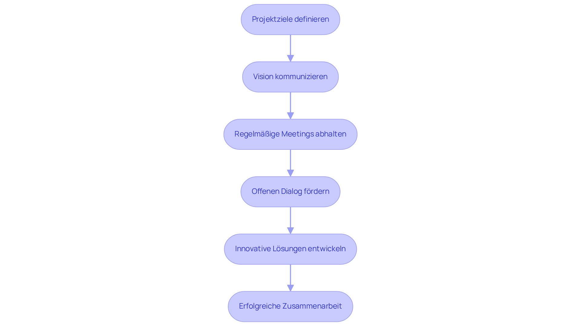 Jeder Schritt im Diagramm zeigt, was als Nächstes zu tun ist, um eine erfolgreiche Zusammenarbeit zu gewährleisten. Folgen Sie den Pfeilen, um den Ablauf zu verstehen.