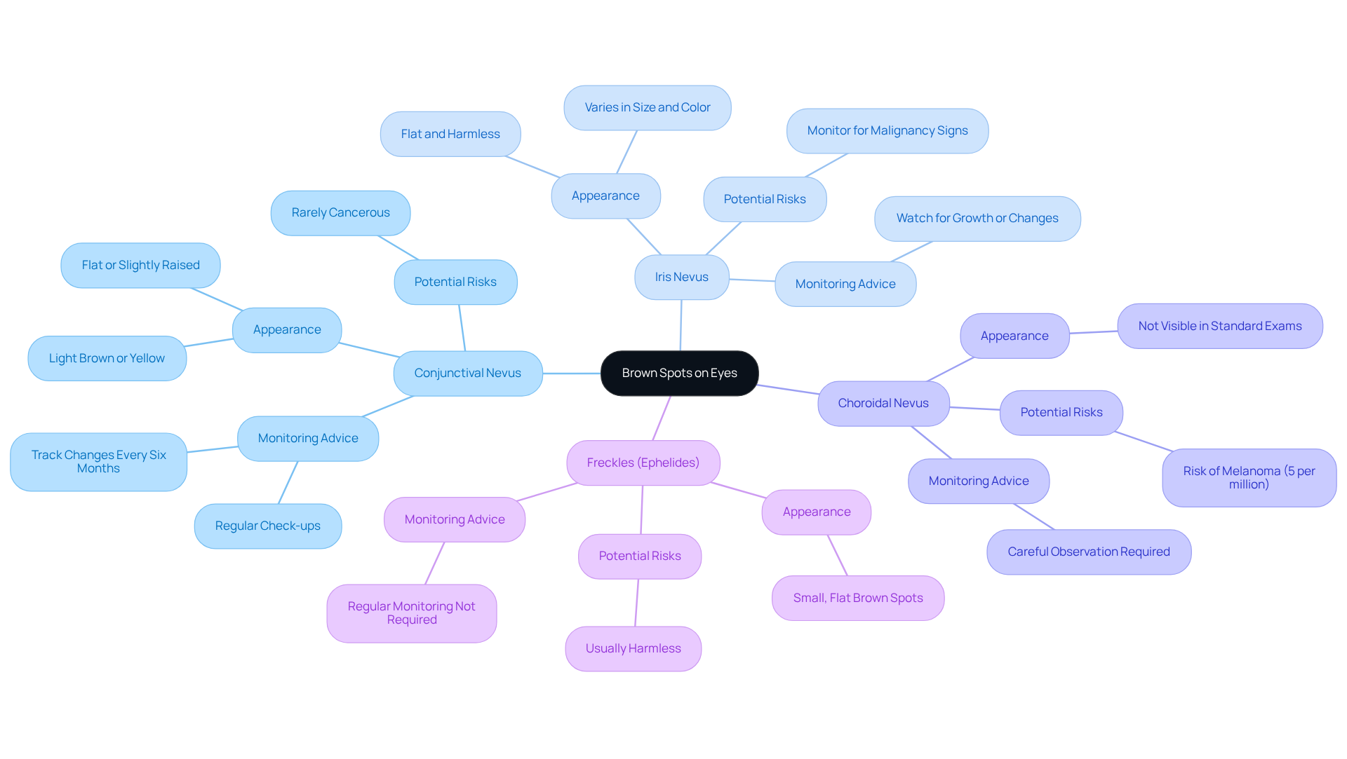 The central node represents the main topic, while each branch shows a type of brown spot. The sub-branches provide details about each type, helping you understand their characteristics and health implications.
