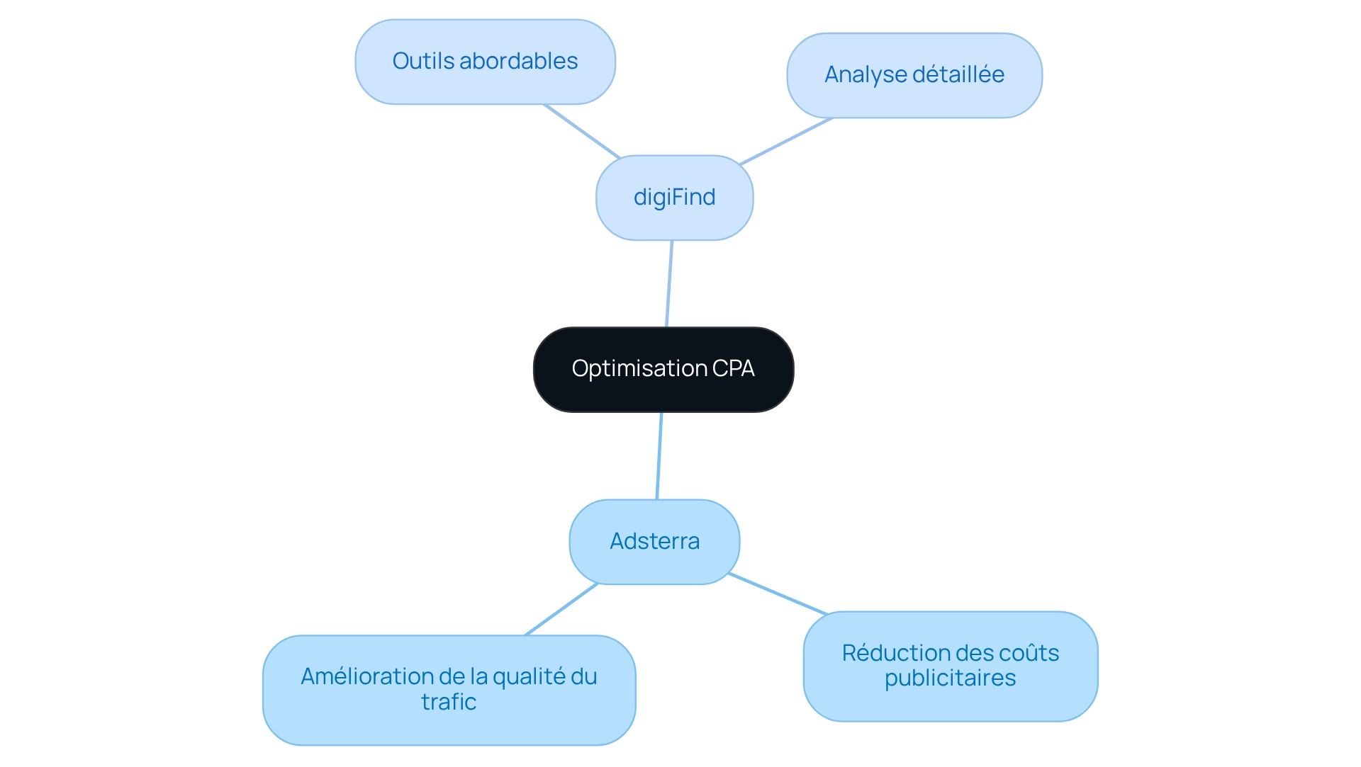 Au centre, vous trouverez la stratégie globale d'optimisation CPA, puis explorez les branches pour découvrir les outils et stratégies spécifiques proposés par Adsterra et digiFind.