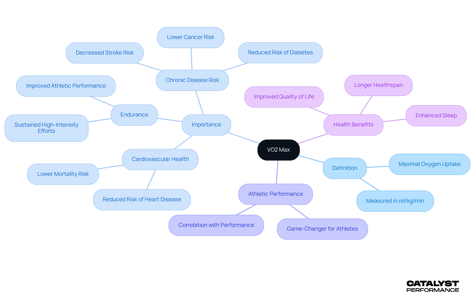 The center shows what VO2 Max is, and the branches explain why it's important for health and athletic performance. Each color-coded branch helps you see how different aspects connect to the main idea.