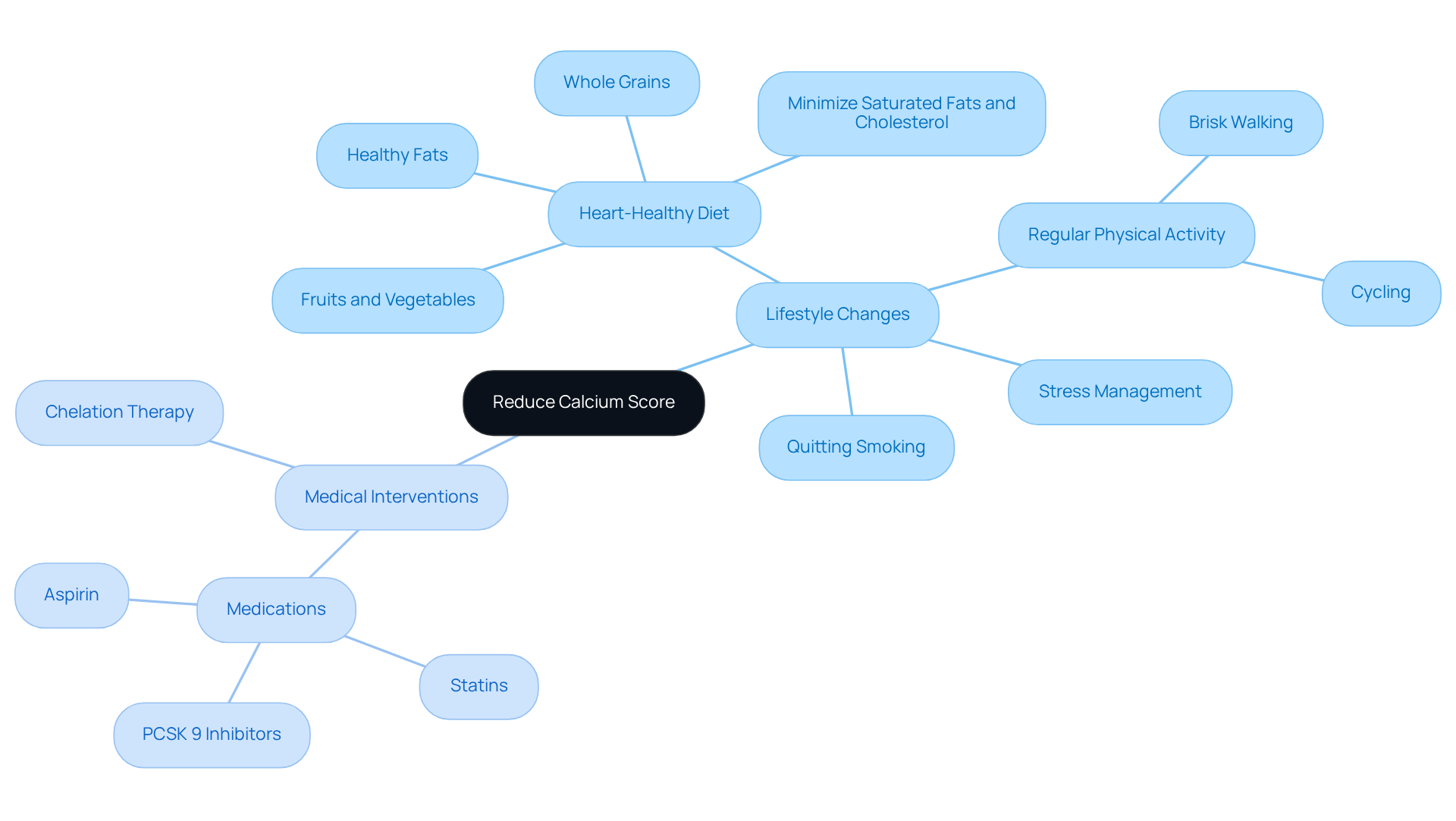 The center represents the goal of reducing calcium scores. Each branch shows different strategies you can adopt, whether through lifestyle changes or medical help. Follow the branches to see specific actions you can take for better heart health. The center represents the goal of reducing calcium scores. Each branch shows different strategies you can adopt, whether through lifestyle changes or medical help. Follow the branches to see specific actions you can take for better heart health.