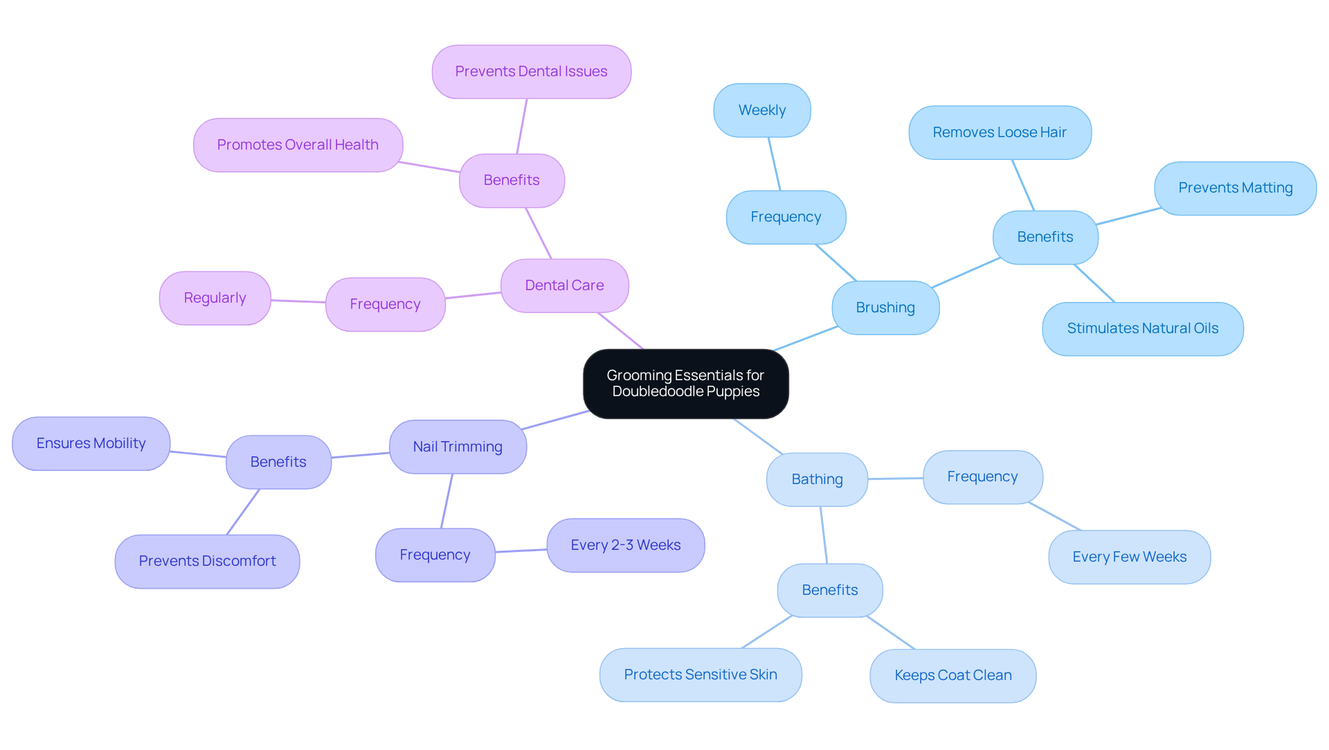 The central node represents the overall grooming theme, while each branch highlights a specific grooming activity. The sub-branches provide details on how often to perform each activity and why it's important for your puppy's health and happiness.