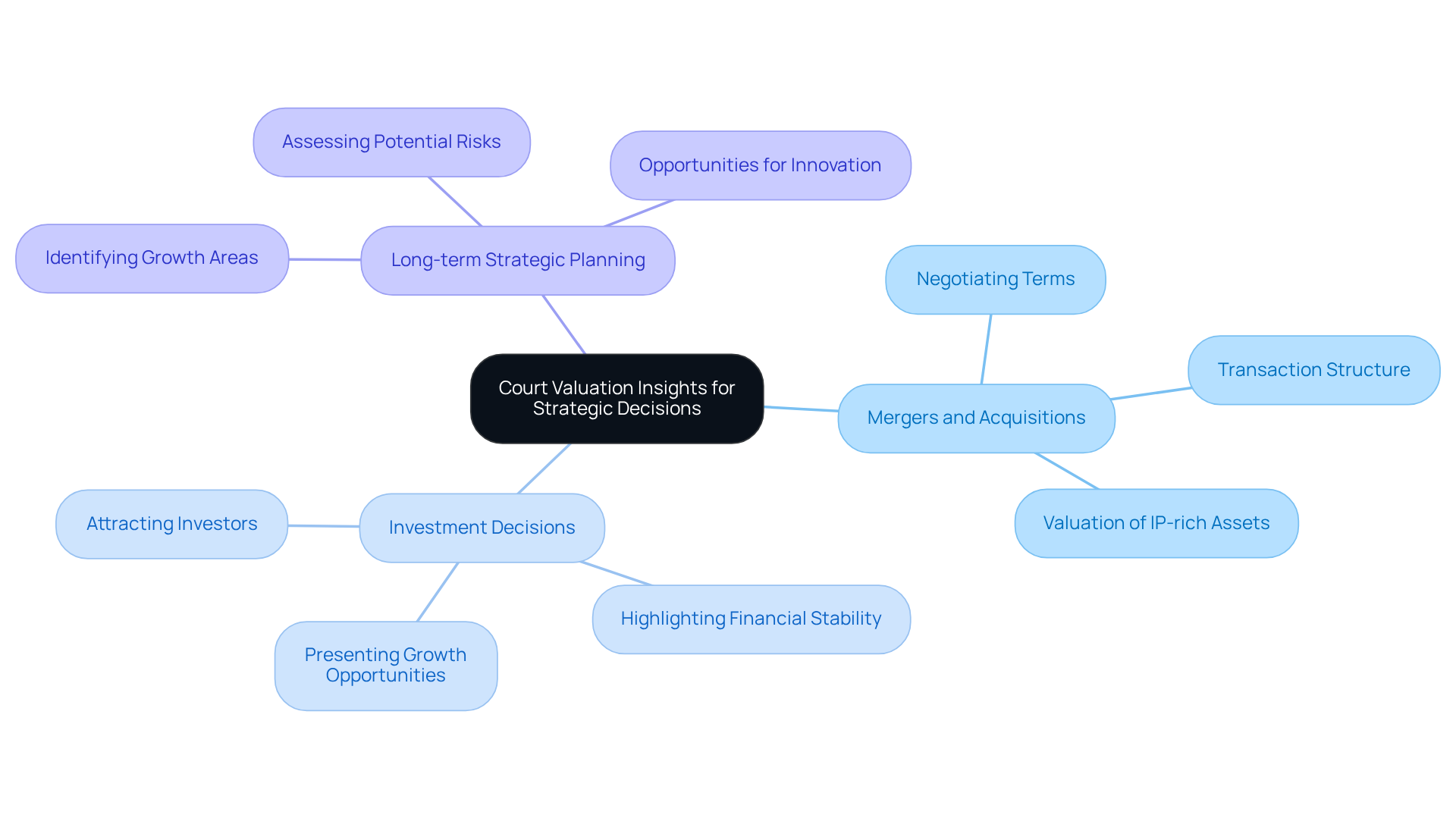 The central node represents the overarching theme of using court valuation insights. Each branch shows a key area where these insights can be applied, and the sub-branches provide specific actions or considerations for tech CEOs. This structure helps visualize how different strategic decisions are interconnected.
