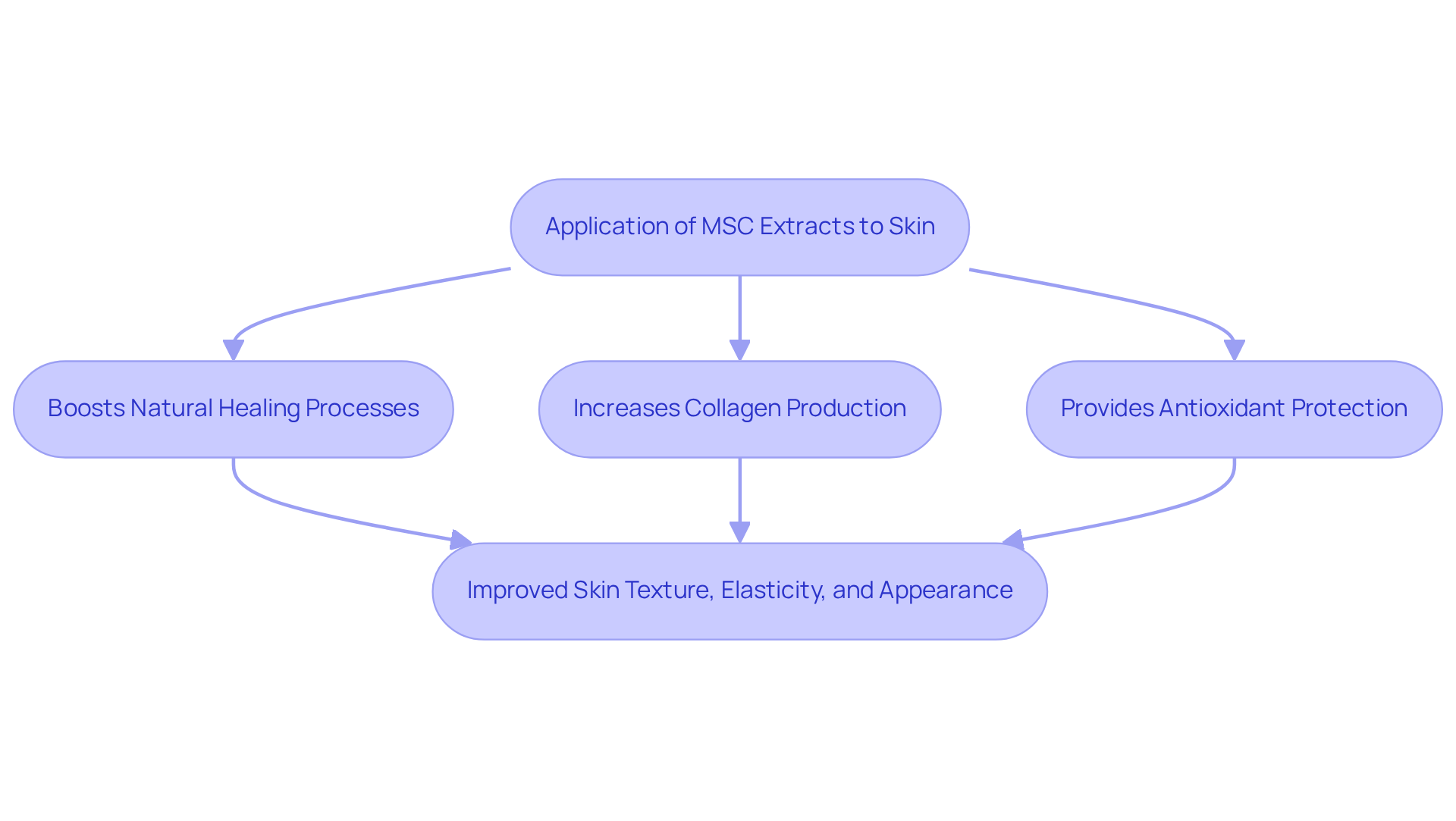 This flowchart illustrates how applying MSC extracts to the skin leads to various benefits. Each step shows how MSCs contribute to skin health, from boosting healing to improving appearance. Follow the arrows to see how these processes connect! This flowchart illustrates how applying MSC extracts to the skin leads to various benefits. Each step shows how MSCs contribute to skin health, from boosting healing to improving appearance. Follow the arrows to see how these processes connect!