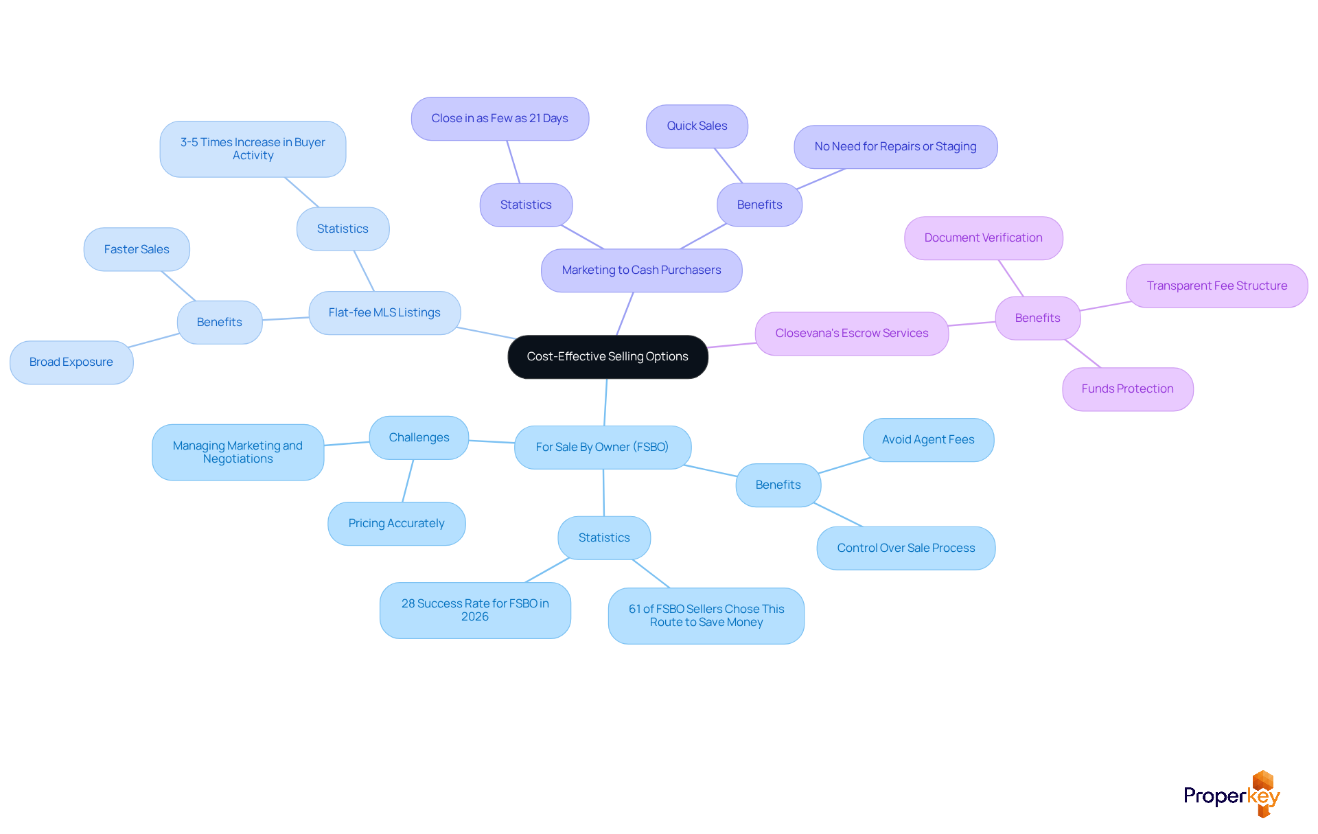 This mindmap starts with the main idea of cost-effective selling options at the center. Each branch represents a different strategy, and the sub-branches provide more details and statistics about each option. This layout helps you see how each strategy connects and what benefits they offer.