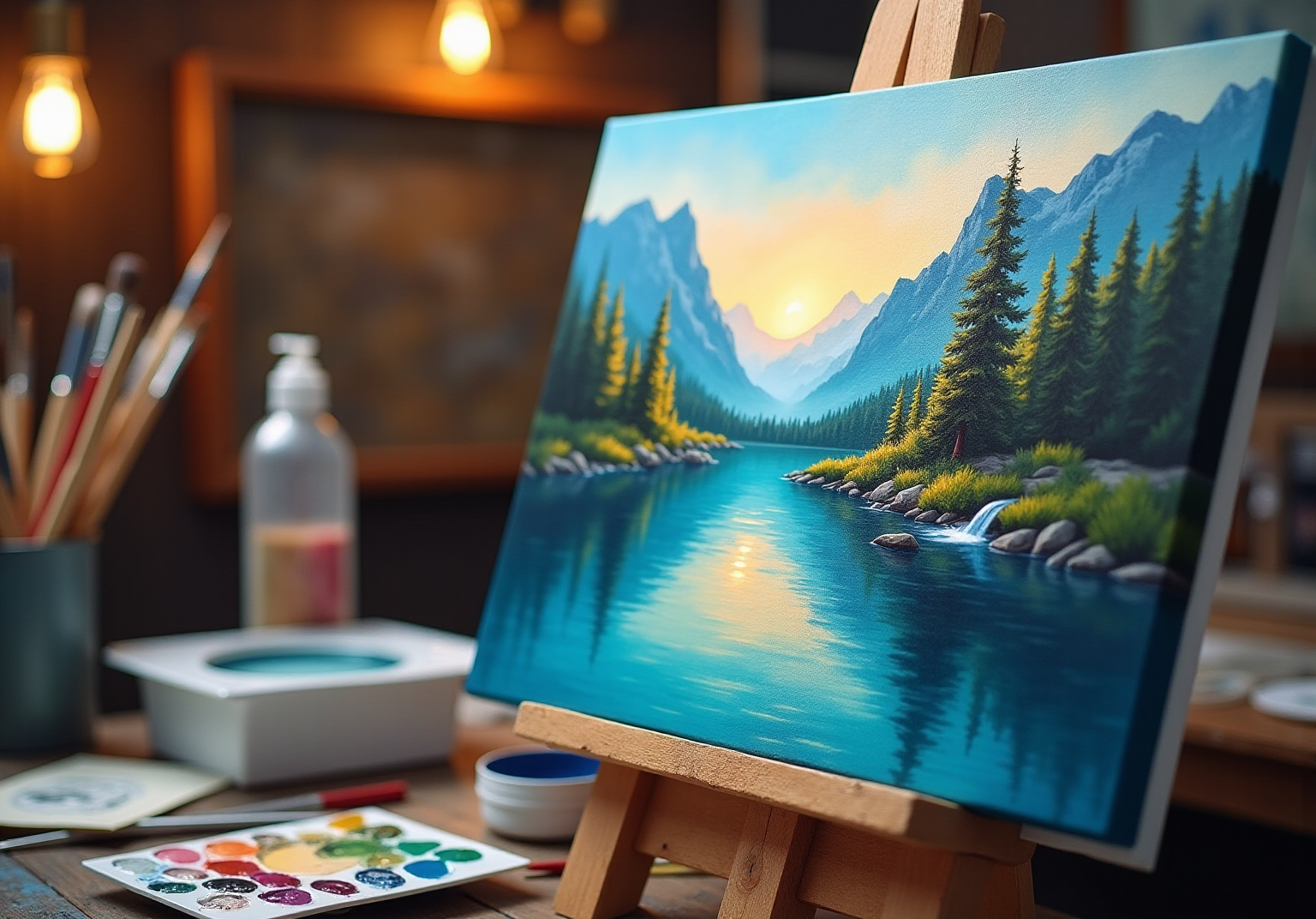 Final Touches on a Mountain Lake Landscape