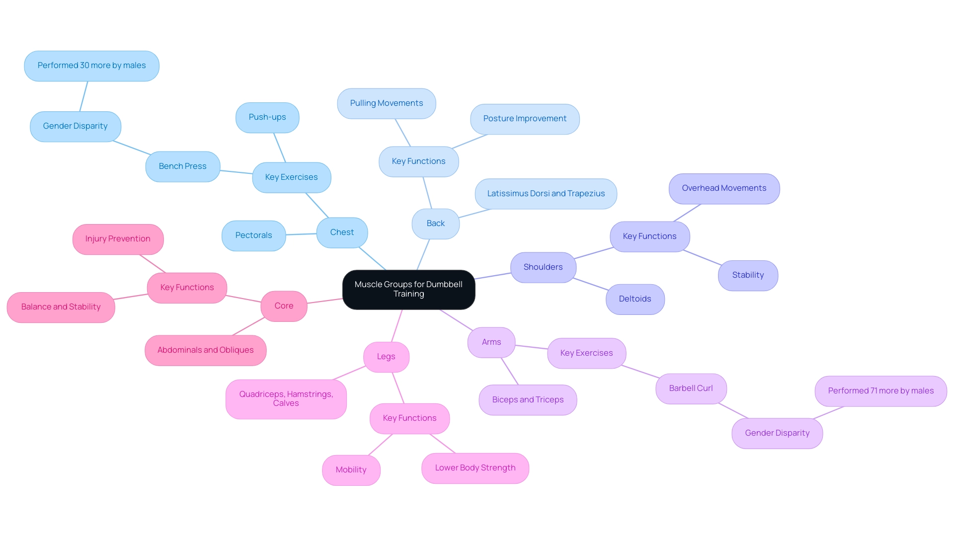 Branches represent major muscle groups, with sub-branches detailing their functions and exercises. Color coding distinguishes each muscle group.