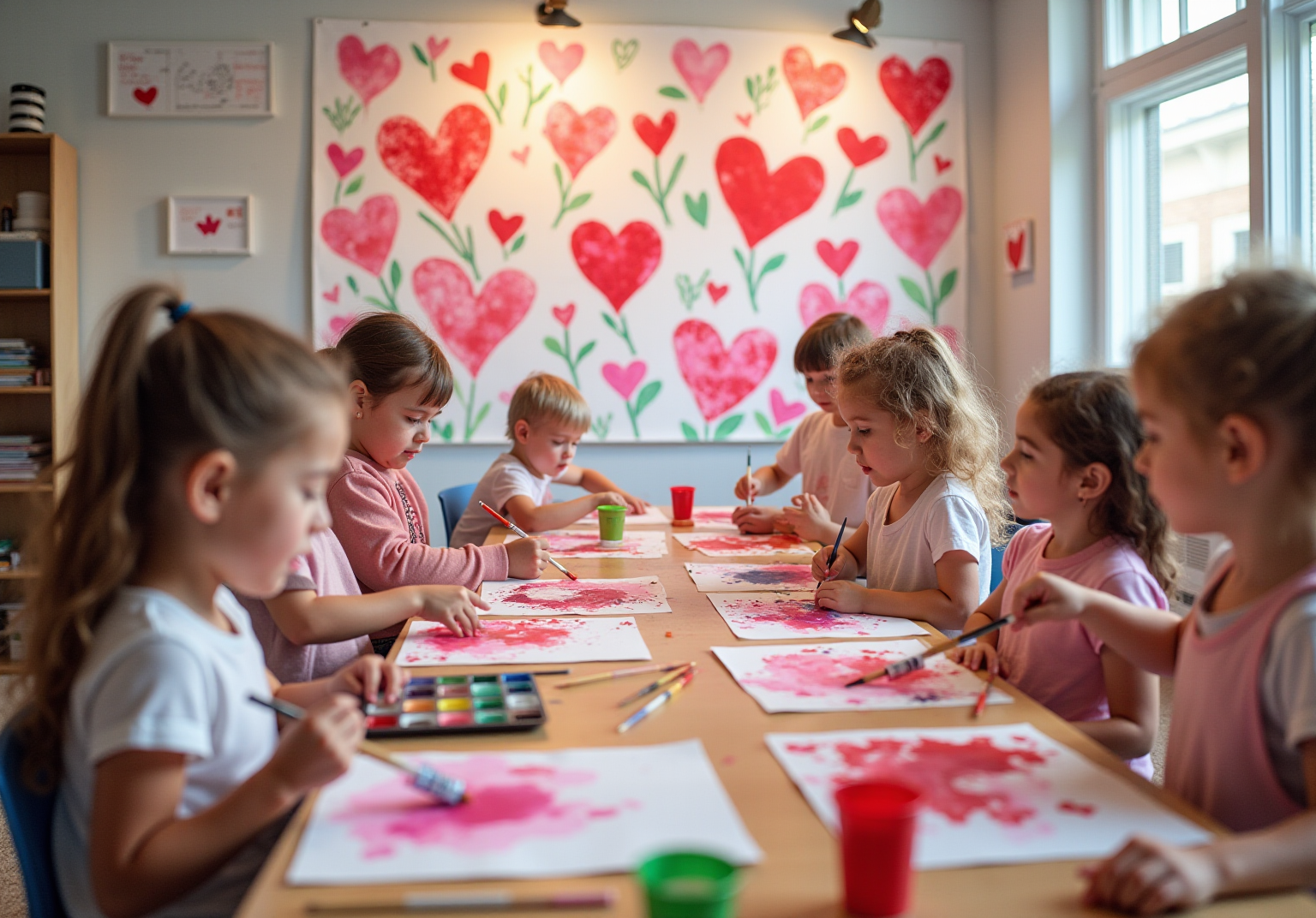 Children Creating a Valentine's Day Watercolor Mural Children Creating a Valentine's Day Watercolor Mural