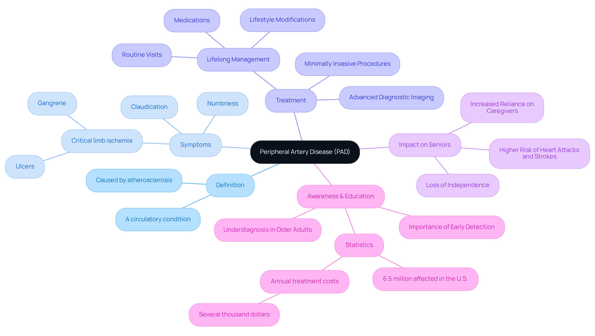 The central node represents PAD, and the branches show different aspects of the condition. Each color-coded branch contains specific details that help you understand how PAD affects people and what treatments are available.