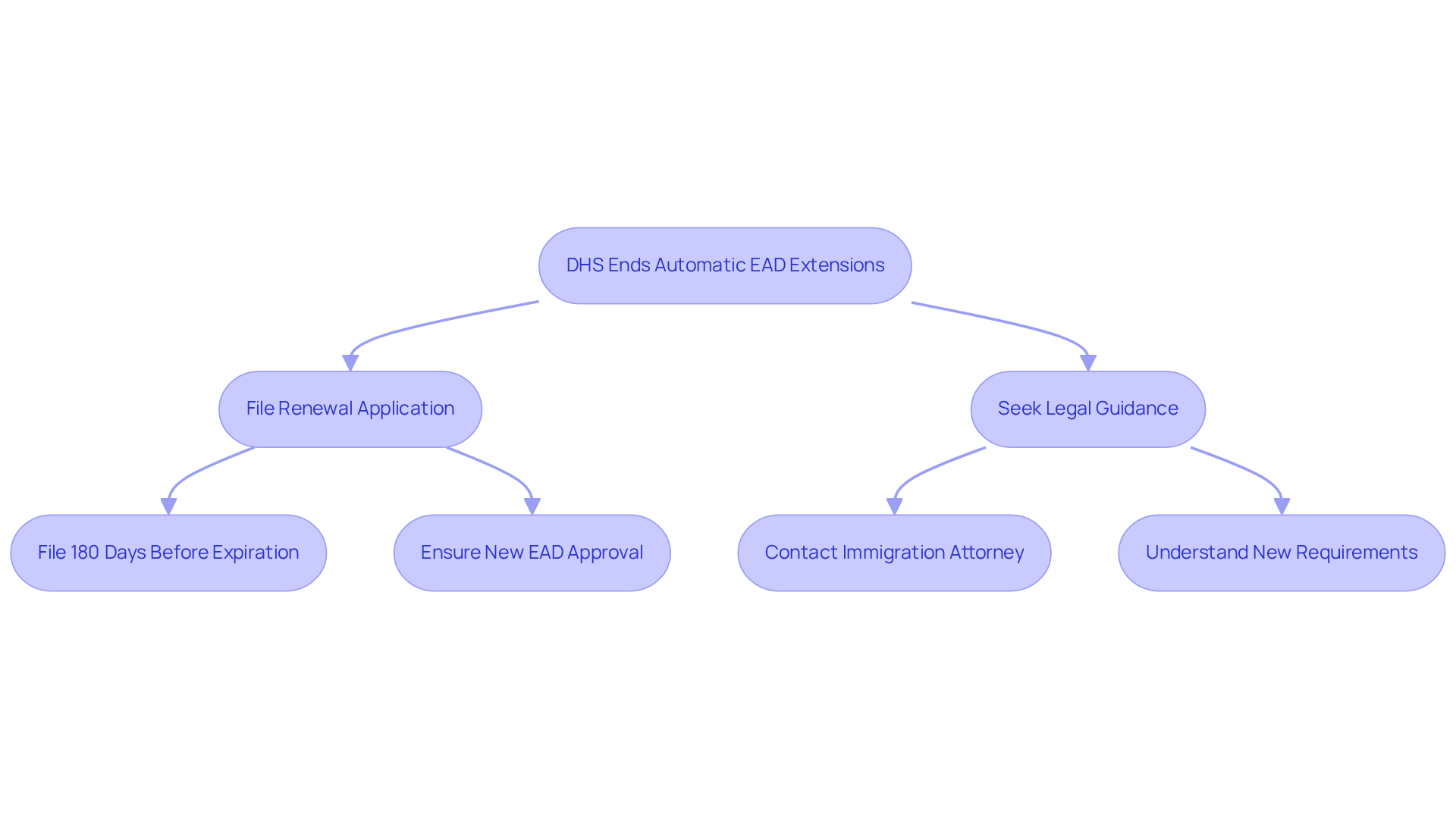 This flowchart guides you through the necessary steps to take after the DHS ends automatic EAD extensions. Follow the arrows to see what actions you need to take to maintain your work authorization. This flowchart guides you through the necessary steps to take after the DHS ends automatic EAD extensions. Follow the arrows to see what actions you need to take to maintain your work authorization.