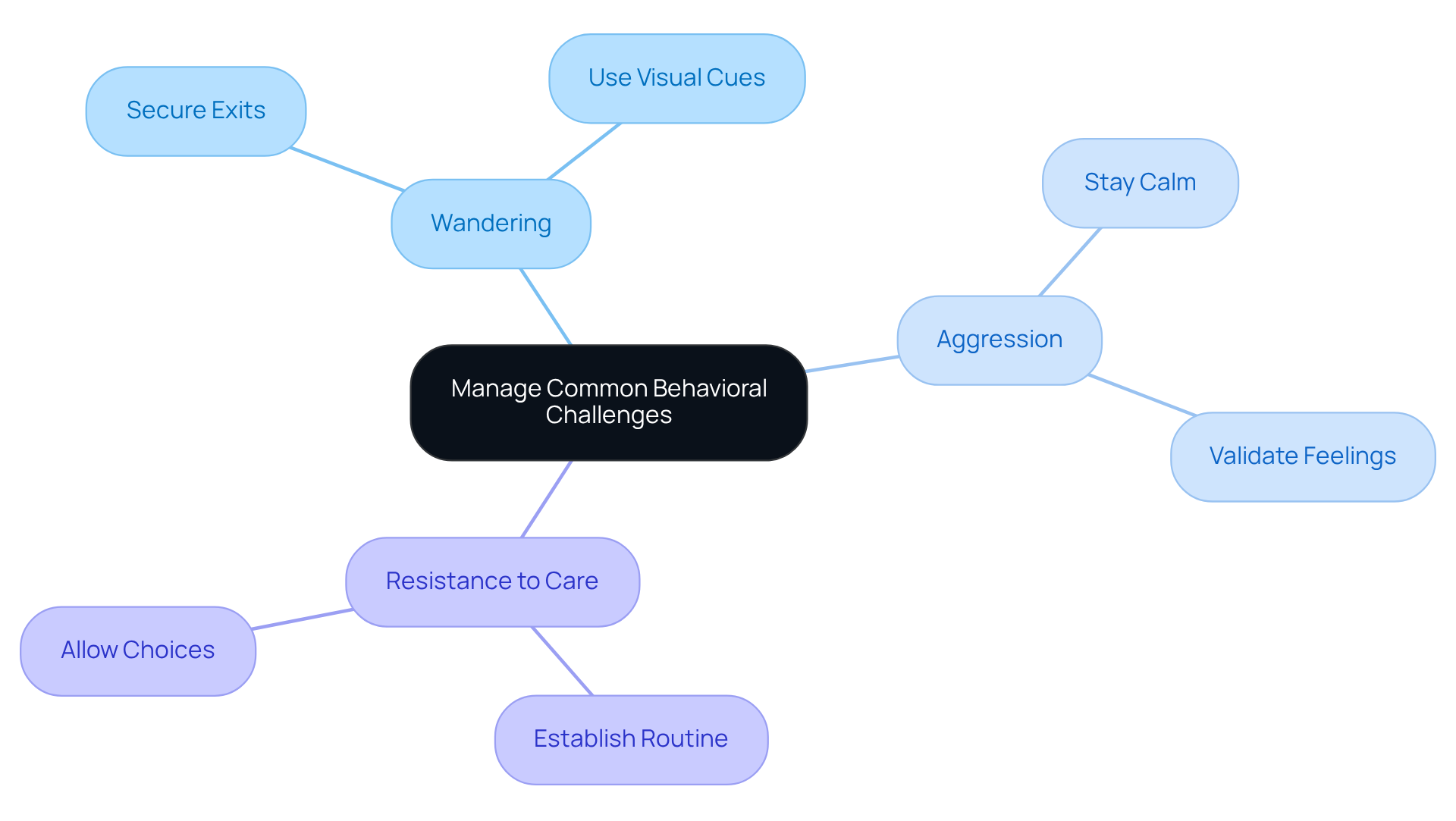The central node represents the overall topic, while the branches show specific challenges caregivers face. Each sub-branch lists strategies to manage those challenges, helping caregivers visualize their options.