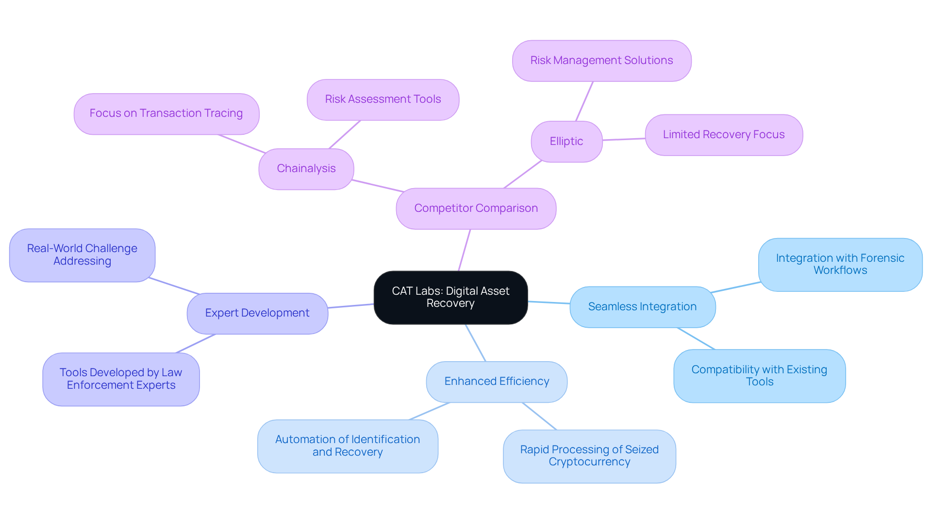 The central node represents CAT Labs, with branches showing its unique advantages and how they compare to competitors. Each branch highlights a specific feature or benefit, making it easy to understand what sets CAT Labs apart.
