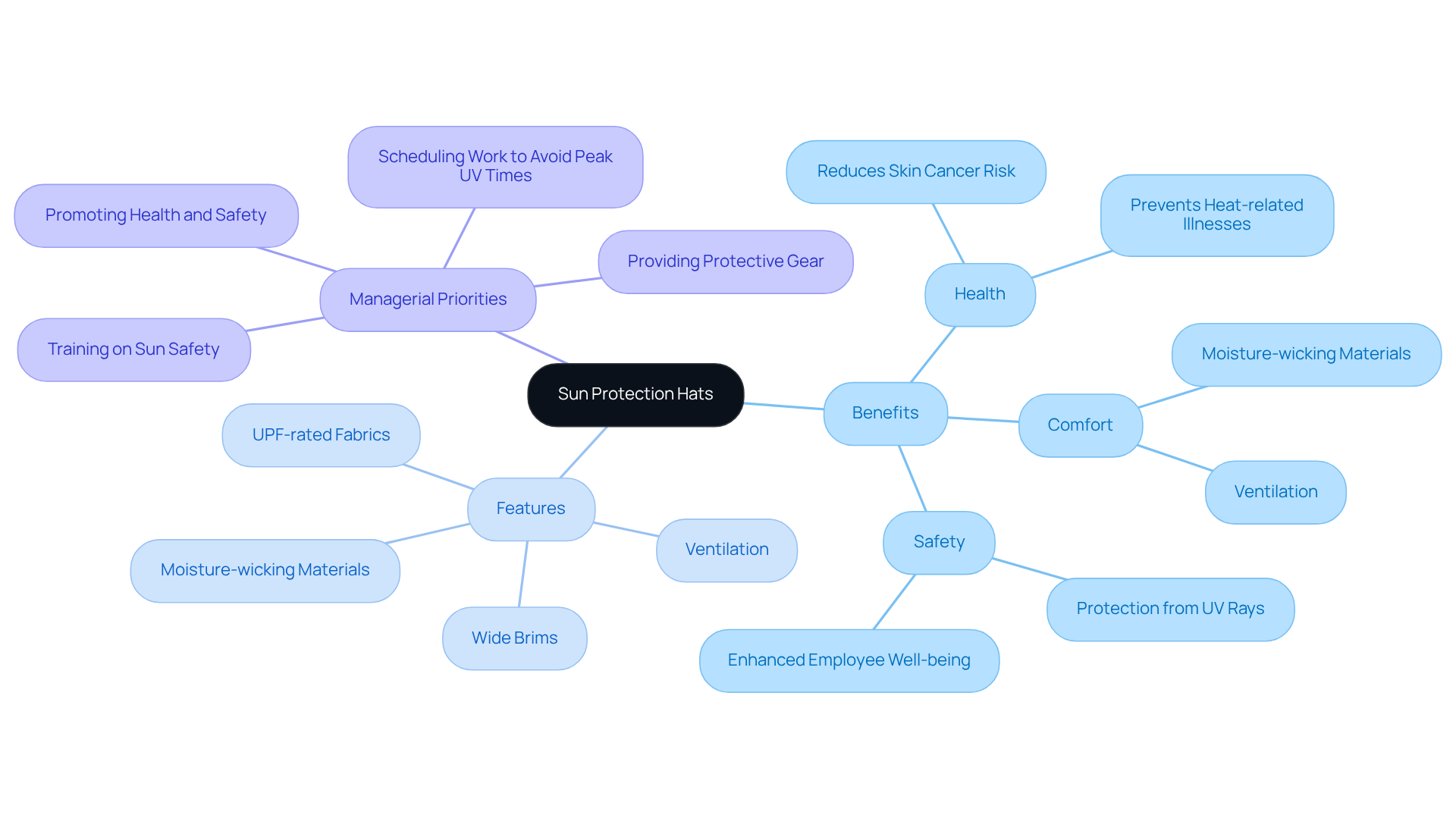The central node represents the main topic, while the branches show the various benefits, features, and priorities related to sun protection hats. Each color-coded branch helps you easily identify different aspects of the topic. The central node represents the main topic, while the branches show the various benefits, features, and priorities related to sun protection hats. Each color-coded branch helps you easily identify different aspects of the topic.