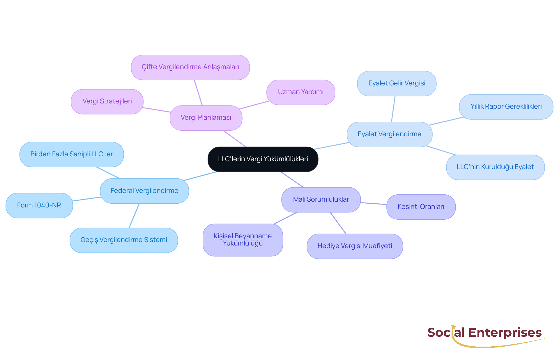 Merkezdeki ana başlık LLC'lerin vergi yükümlülüklerini temsil eder. Dallar arasında gezinerek, her bir yükümlülüğün detaylarına ulaşabilir ve bunların nasıl yönetileceğini anlayabilirsiniz.