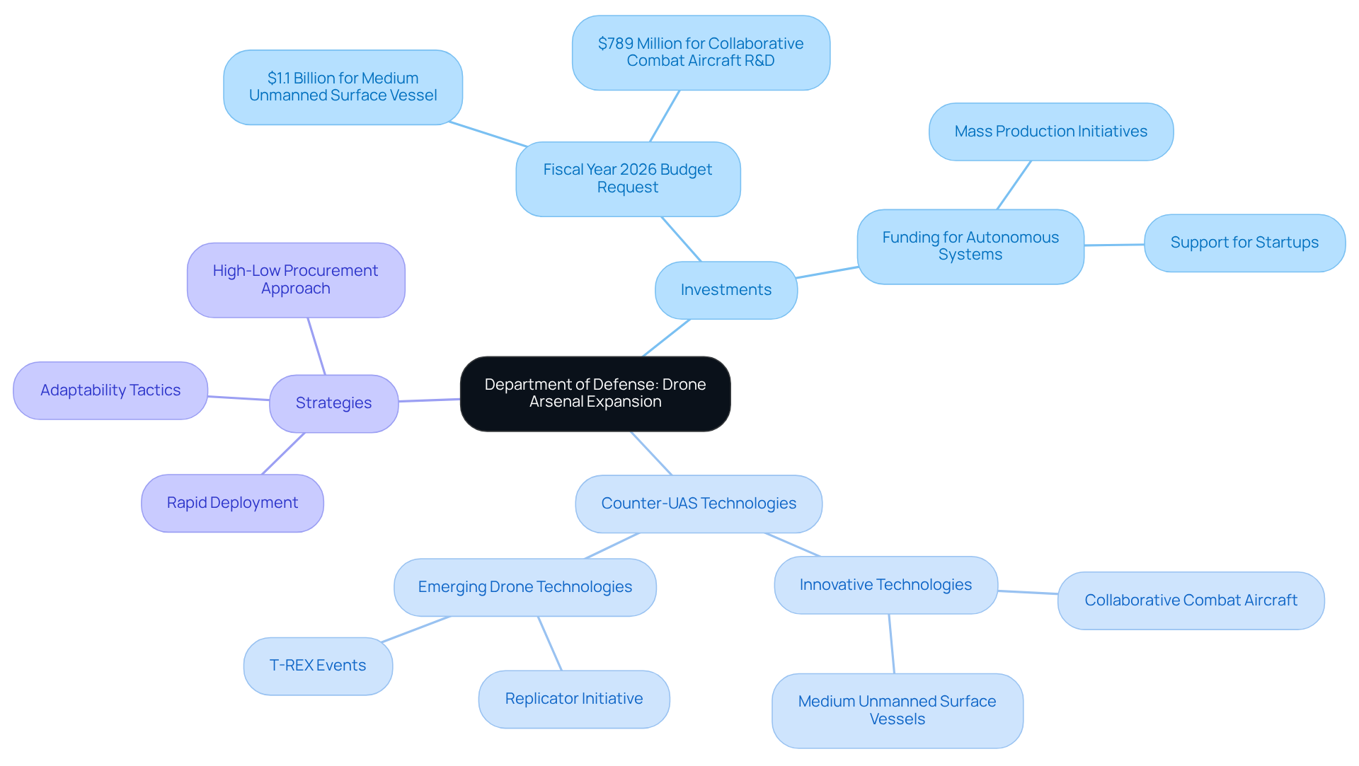The central node represents the main initiative, while branches show key focus areas and their specific components. Each color-coded branch helps differentiate between investments, technologies, and strategies.