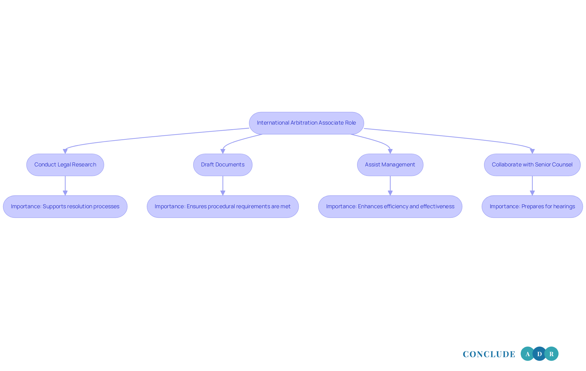 The flowchart outlines the main responsibilities of an International Arbitration Associate, showing how each task plays a part in supporting effective dispute resolution. Follow the arrows to see how each step connects and contributes to the overall process.