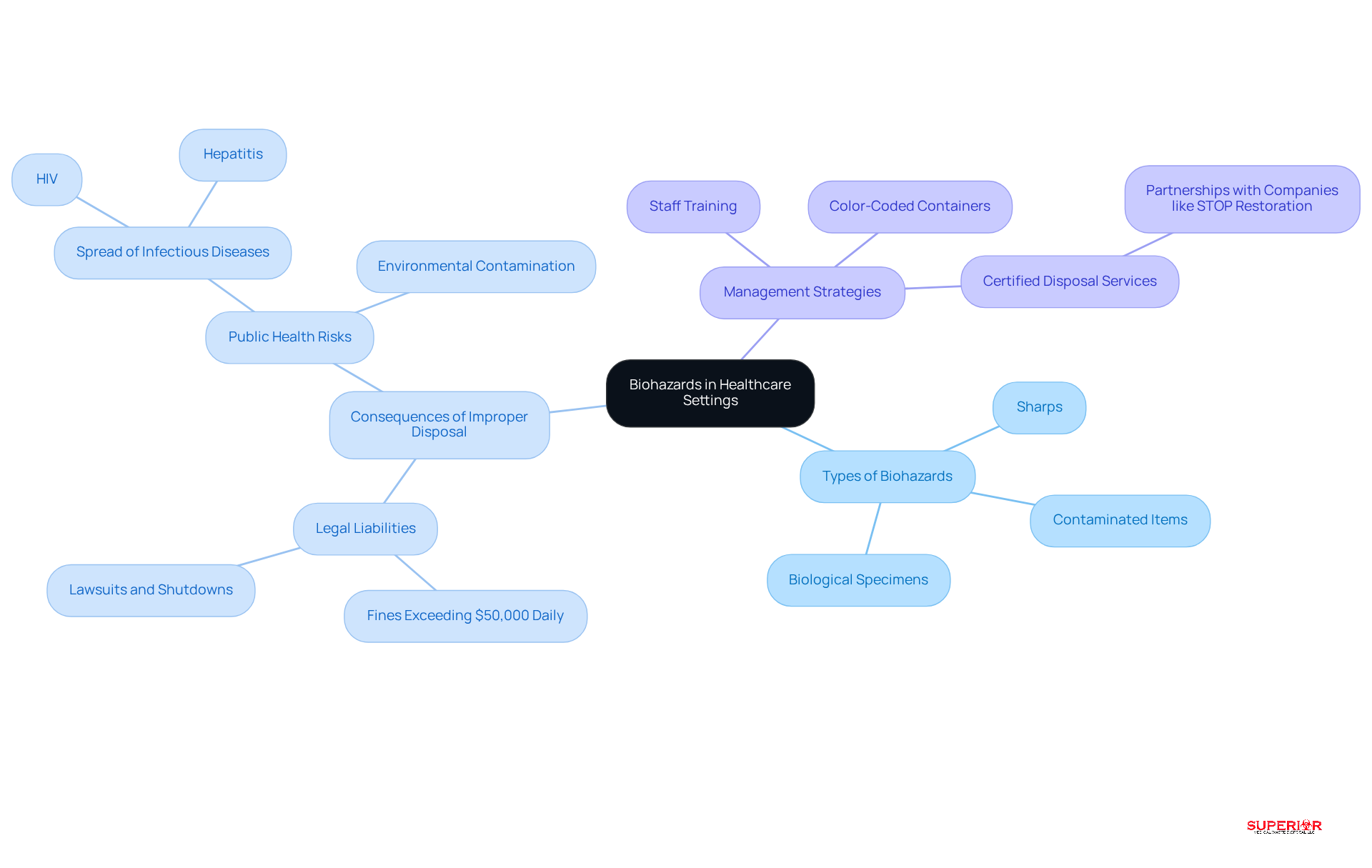 The central node represents the main topic of biohazards in healthcare. Each branch shows a different aspect: types of biohazards, the consequences of mishandling them, and strategies for proper management. Follow the branches to see how these elements connect and support the overall importance of biohazard management.