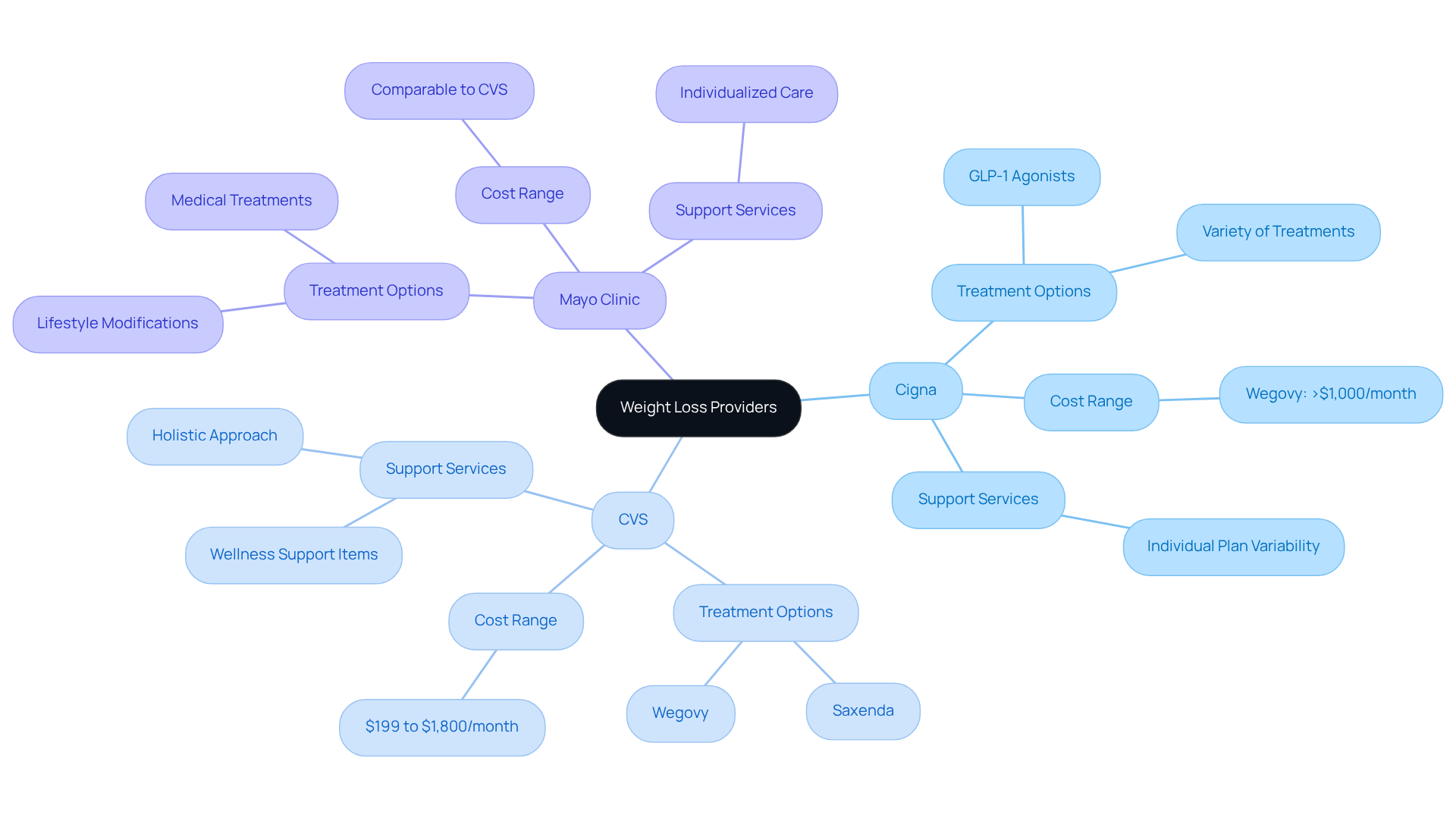 The central node represents the overall topic, while each branch shows a different provider. Sub-branches detail their treatment options, costs, and support services, helping you compare them at a glance.