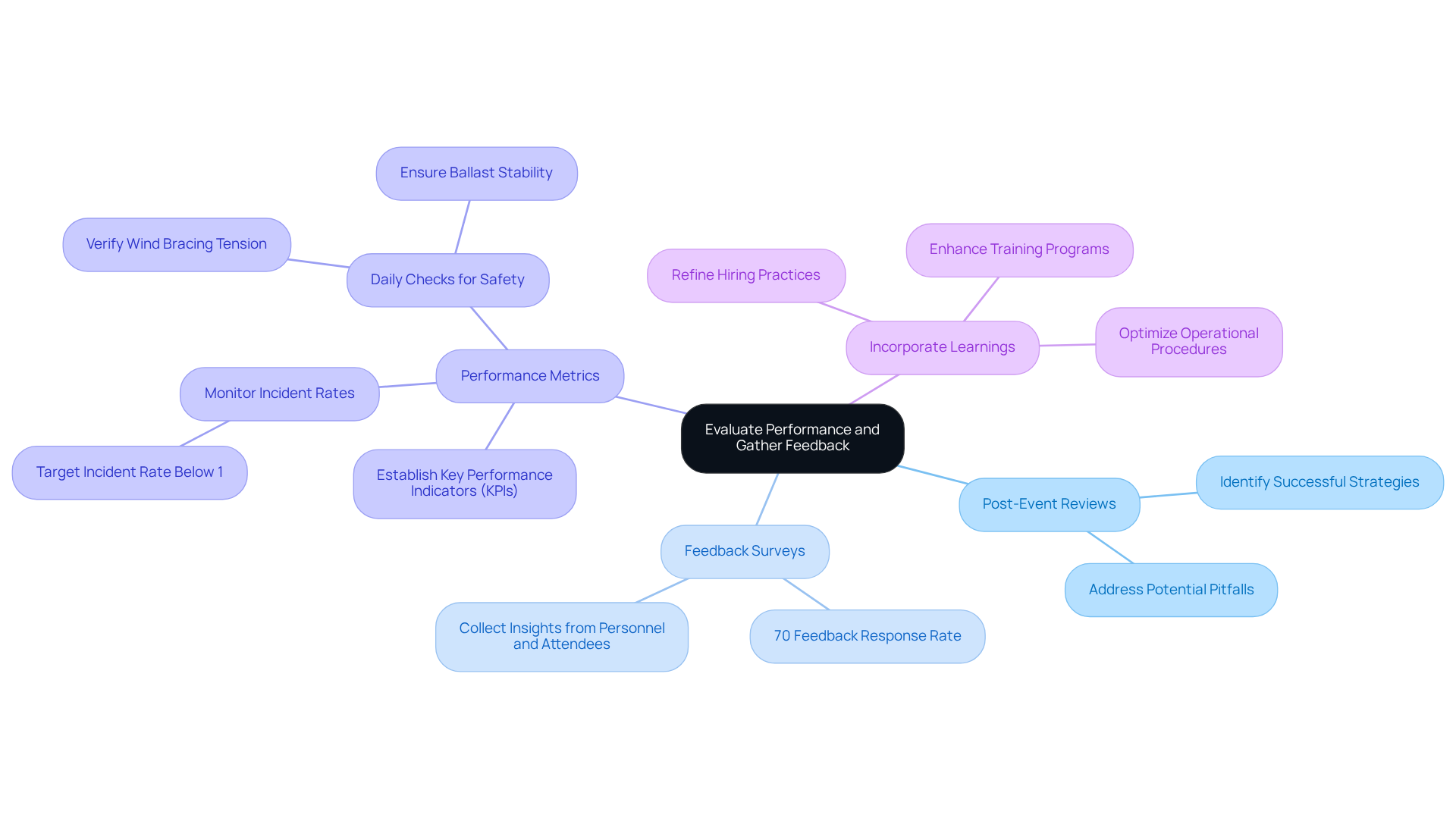 The central node represents the main goal of evaluating performance and gathering feedback. Each branch shows a different method used to achieve this goal, with further details on actions or insights that support each method.