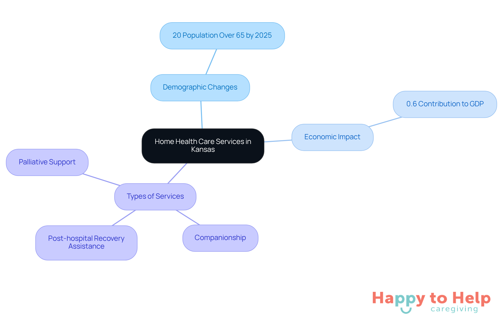 The central node represents the overall topic, while branches show different aspects like demographics, economic significance, and specific services. Each color-coded branch helps you easily identify and understand the relationships between these elements.