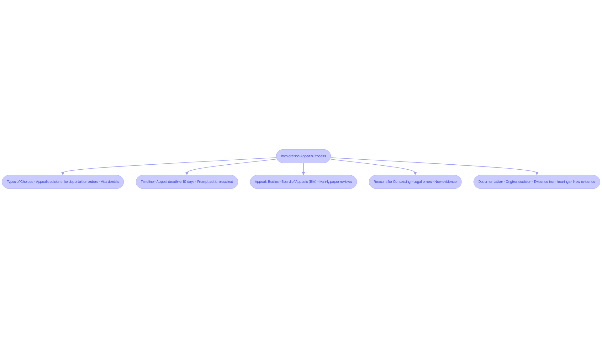 This flowchart outlines the steps involved in the immigration appeals process. Each box represents a key component you need to understand, and the arrows show how these components connect and flow into one another. Follow the arrows to navigate through the process effectively.