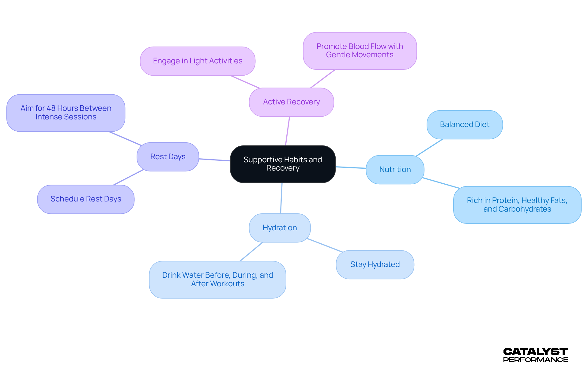 The central idea is about building supportive habits and prioritizing recovery. Each branch represents a key area that contributes to your training journey, with specific actions listed under each category to guide you. The central idea is about building supportive habits and prioritizing recovery. Each branch represents a key area that contributes to your training journey, with specific actions listed under each category to guide you.