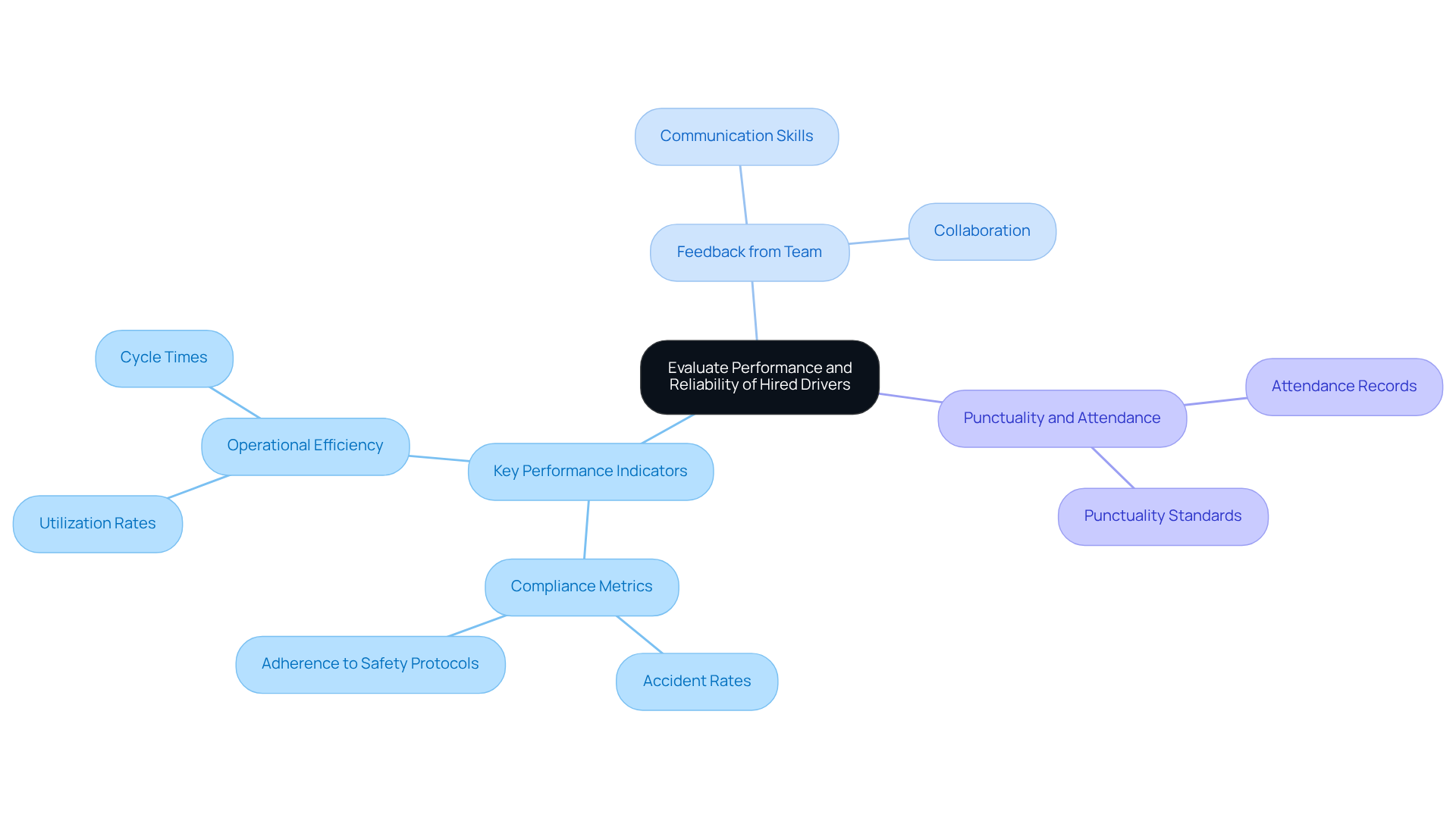 The central node represents the main focus of evaluation, while the branches show different aspects that contribute to understanding driver performance. Each branch can be explored for more detailed insights.