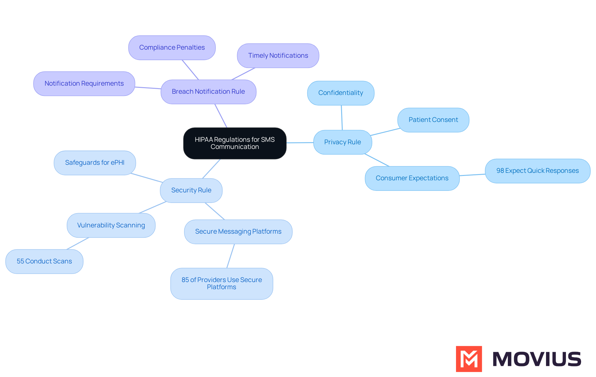 The central node represents the main topic of HIPAA regulations, while the branches show the specific rules and their key components. Each color-coded branch helps you quickly identify the different aspects of compliance.