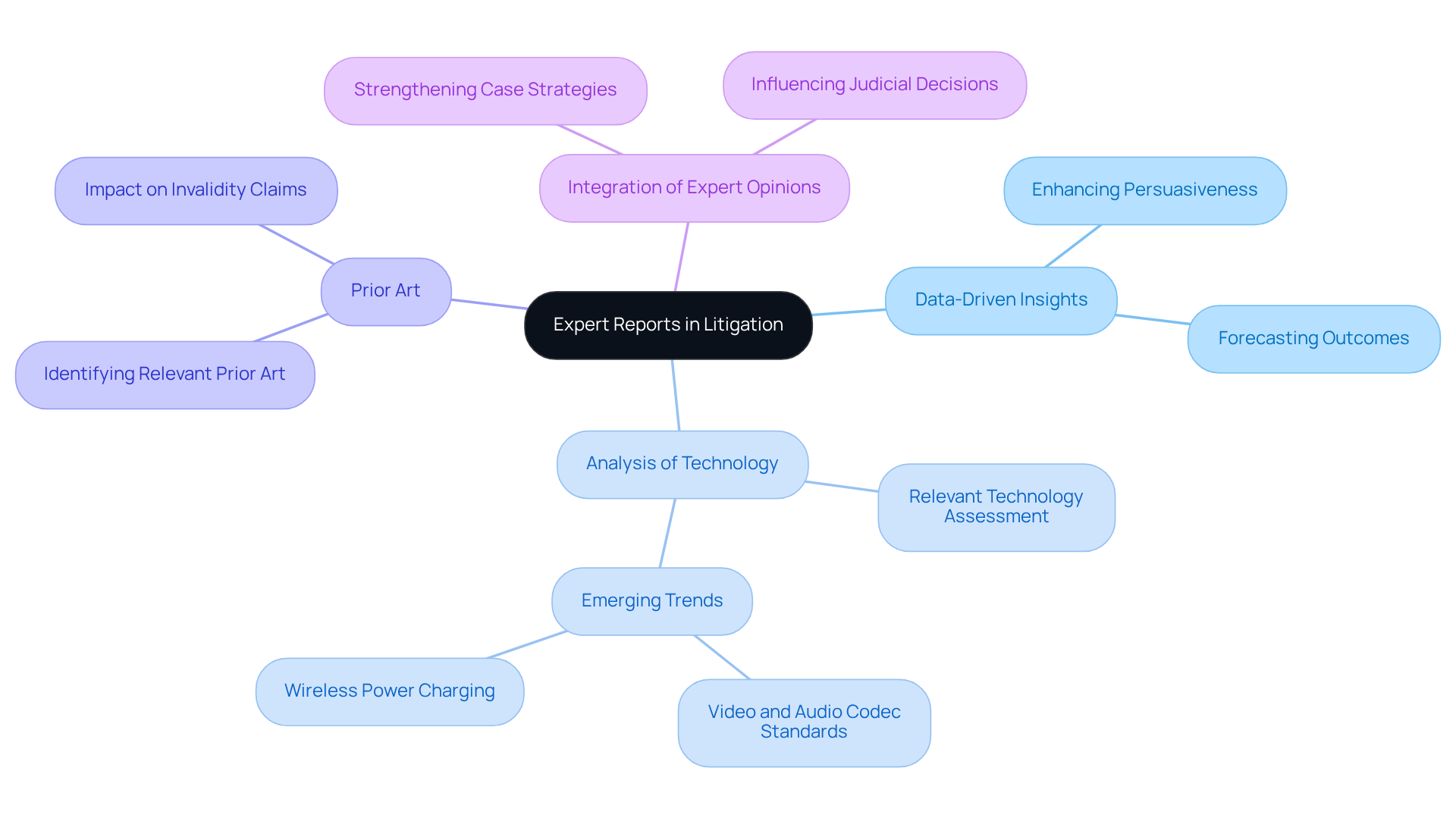 The center represents the main concept of expert reports, while the branches illustrate how they contribute to litigation strategies through various analyses and insights.