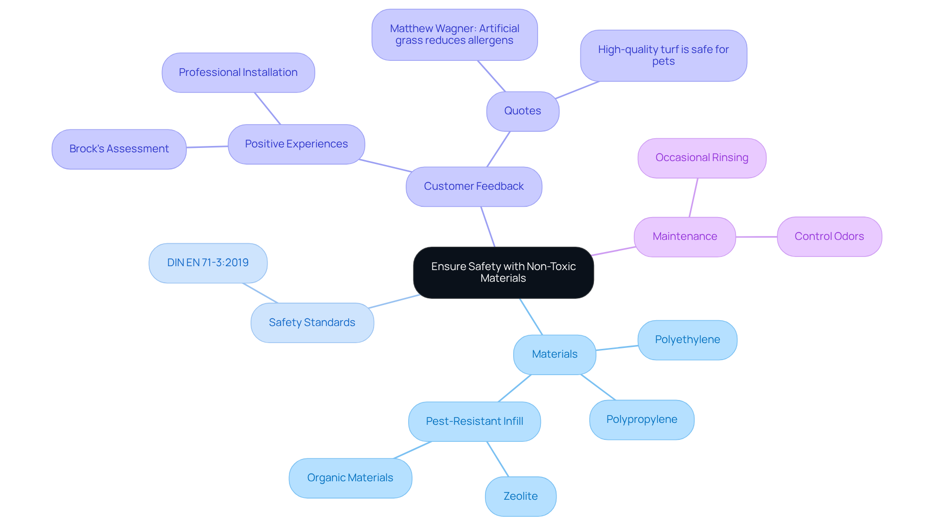 The central node represents the main theme of safety, while branches show different aspects like materials used, safety standards, and what customers are saying. Each branch helps you understand how these elements contribute to a safe environment for pets.