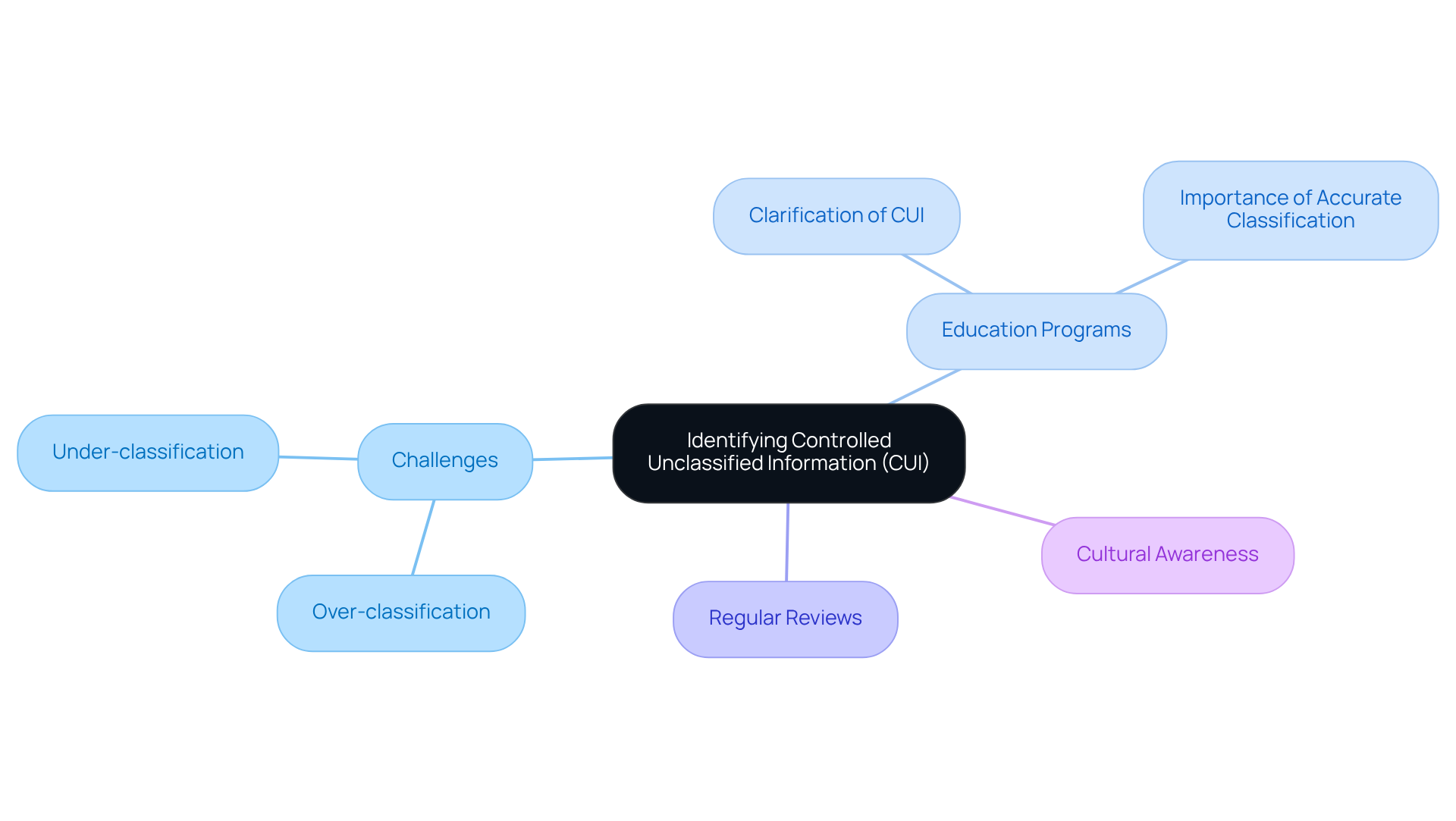 The central node represents the main topic of CUI identification. Each branch shows a key area of focus, with further details under each to help you understand the challenges and solutions involved.