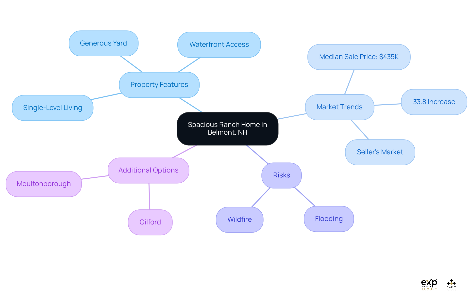 The central node represents the property, while branches show important aspects like features, market trends, risks, and nearby options. Each branch helps you understand different factors to consider when looking for a home.