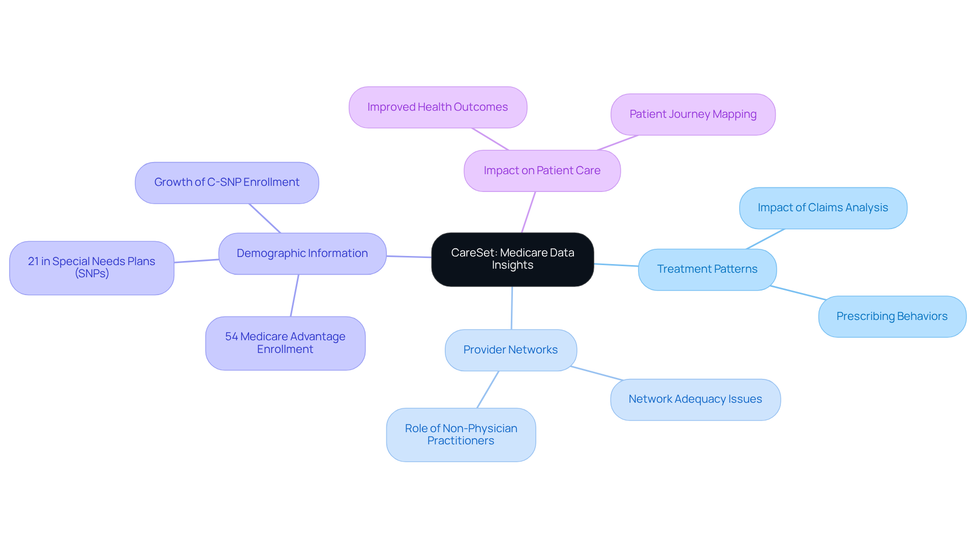 The central node represents CareSet's focus on Medicare data. Each branch shows a key area of insight, and sub-branches provide more detailed information. This structure helps you see how different aspects of Medicare data connect and contribute to improved patient care.