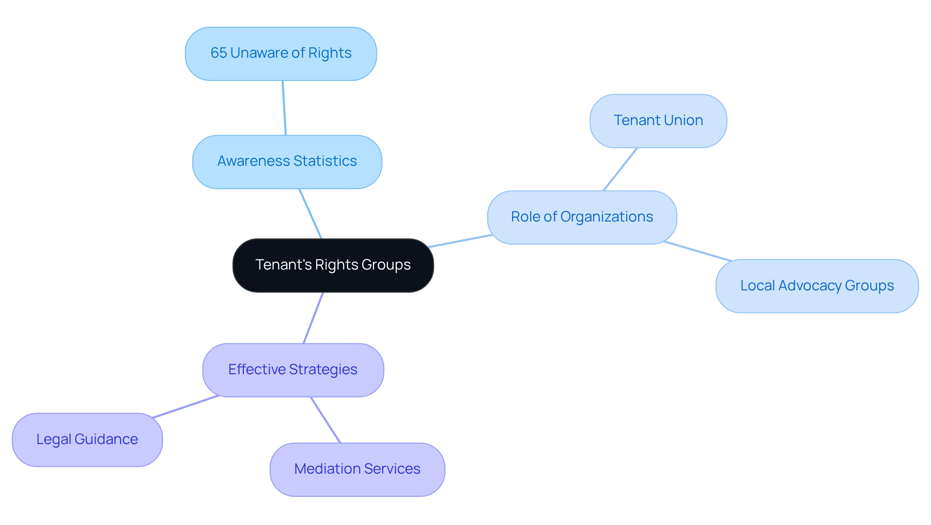 The center represents tenant's rights groups, while the branches show important related topics. Each branch highlights a different aspect of how these groups support tenants, from awareness to strategies for resolving disputes.