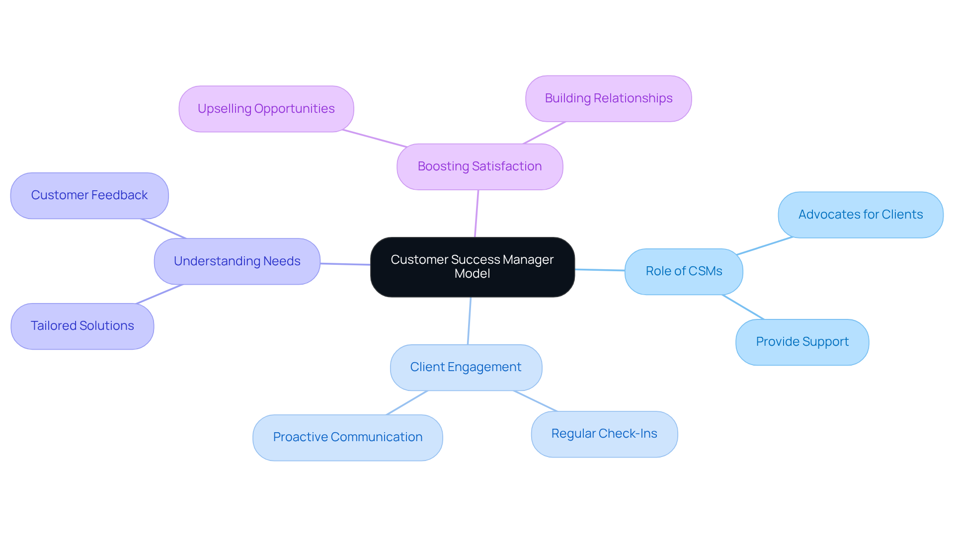 Start at the center with the CSM model, then follow the branches to see how CSMs interact with clients and the various strategies they employ to ensure satisfaction. Start at the center with the CSM model, then follow the branches to see how CSMs interact with clients and the various strategies they employ to ensure satisfaction.