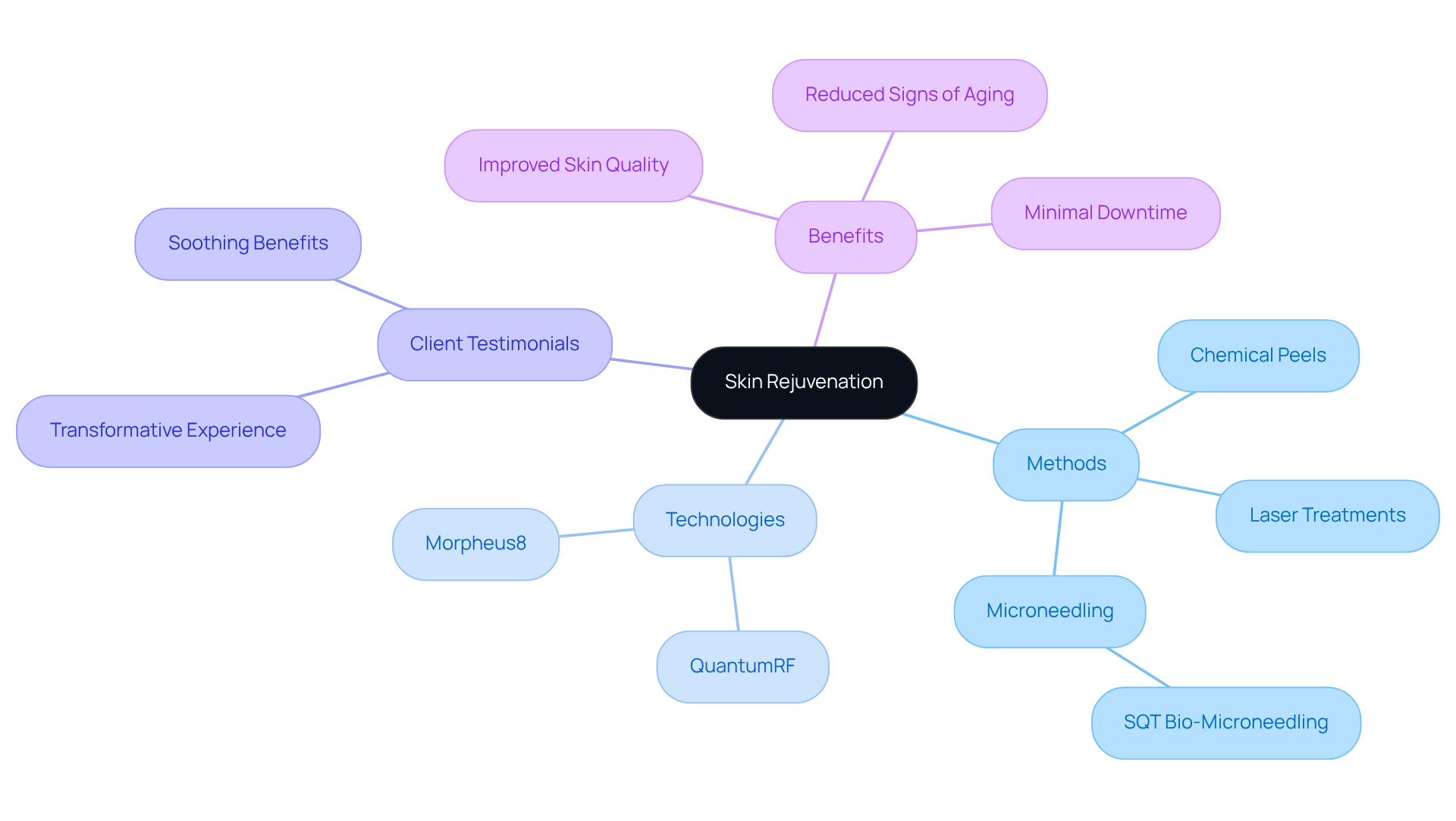 The center represents skin rejuvenation, with branches showing different methods, technologies, and client experiences. Each branch highlights significant aspects, making it easier to see how they all connect.